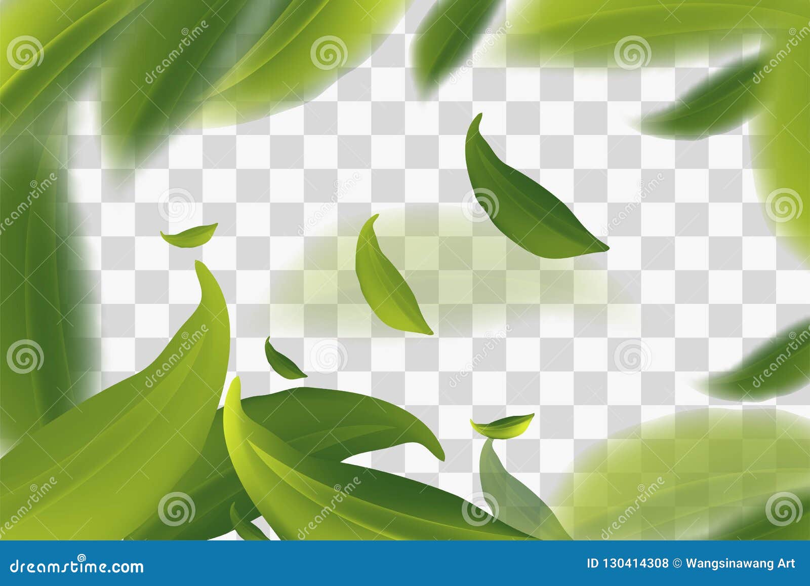 Vector 3d Illustration with Green Tea Leaves in Motion on a Transparent ...