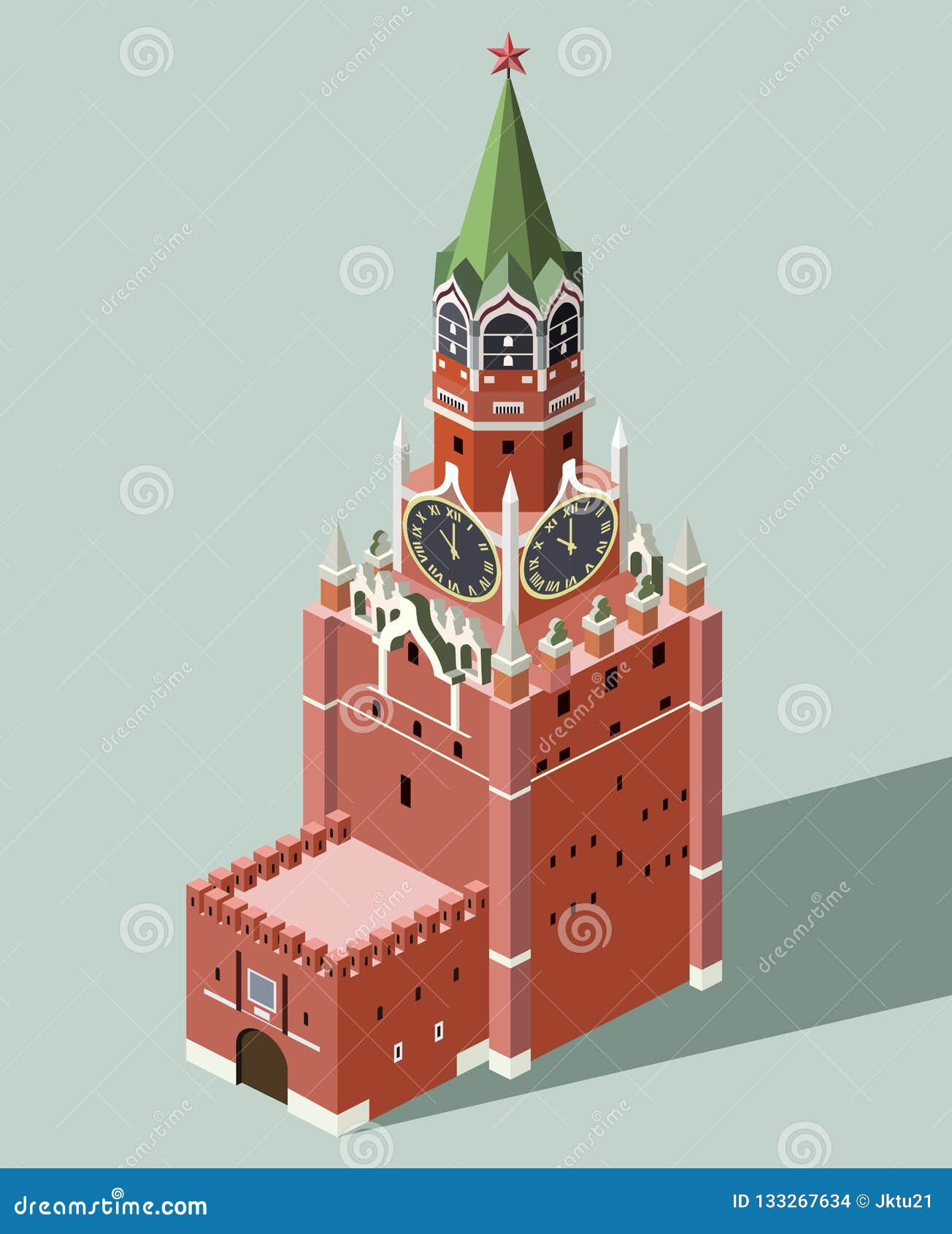 Vector 3d Isometric Icon of Spasskaya Tower of Moscow Kremlin with Flat ...