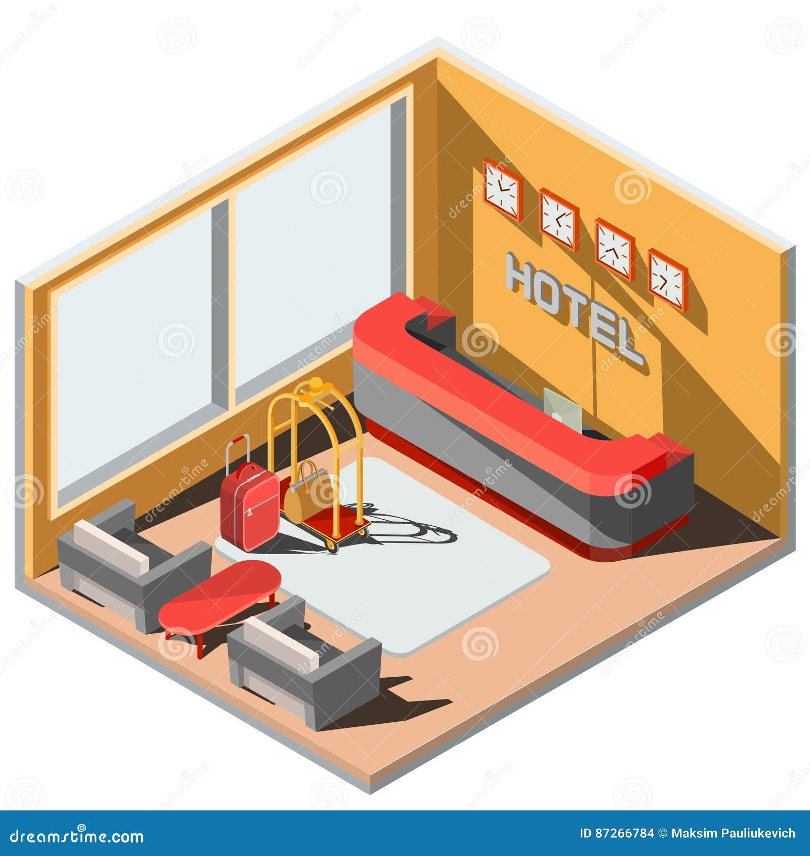 Vector 3D Isometric Illustration Interior of Hotel Lobby with Reception ...