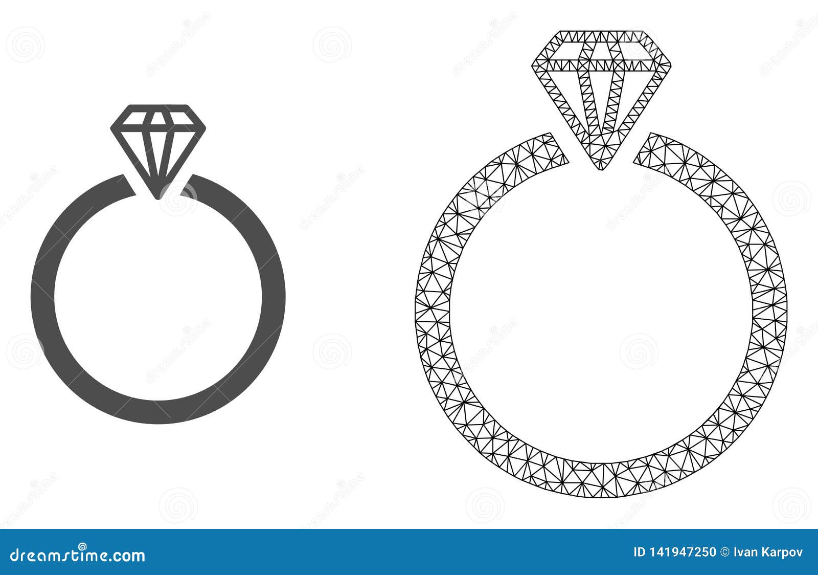 Vector 2D Mesh Diamond Ring and Flat Icon Stock Vector - Illustration ...