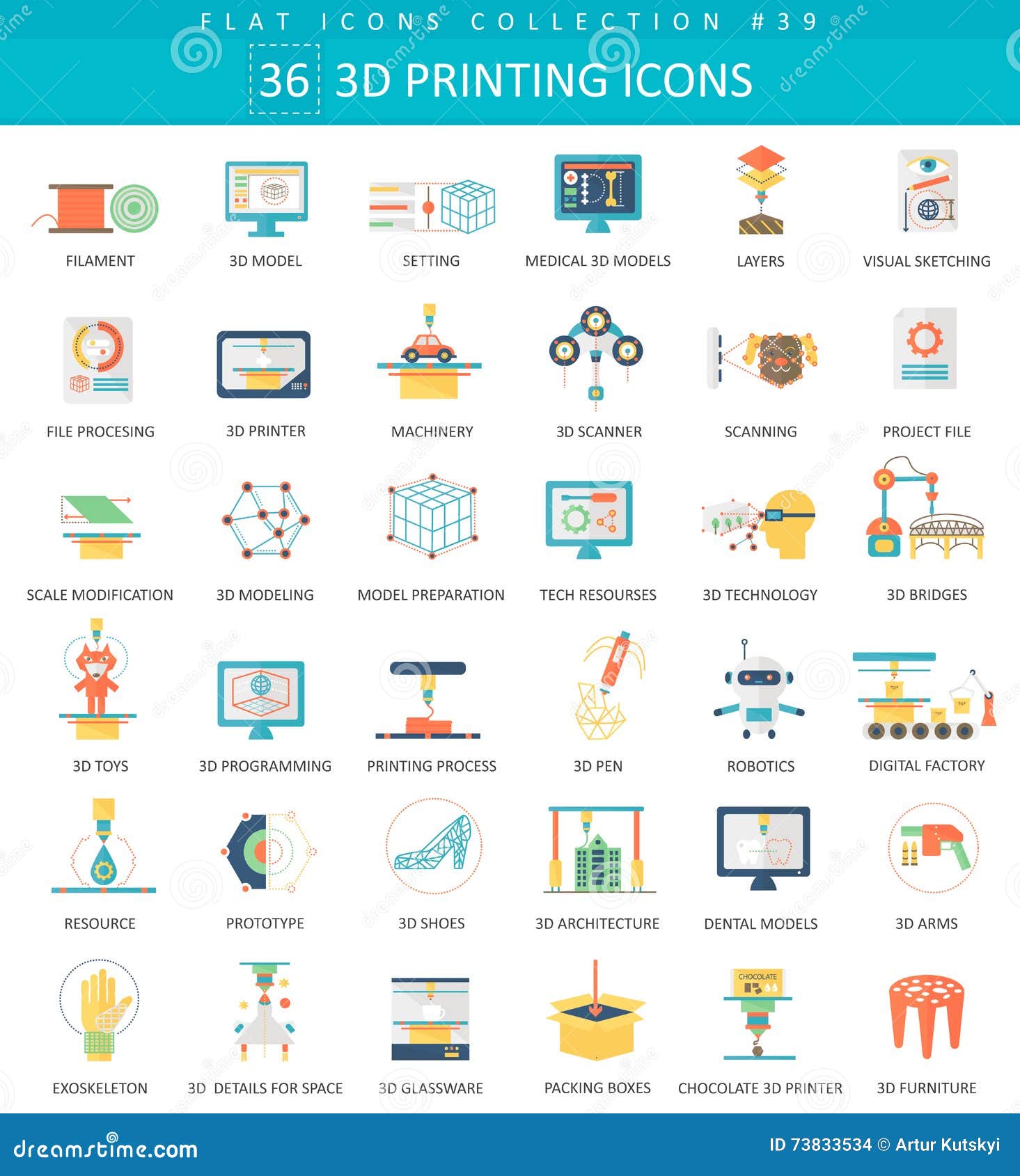 Vector 3D Printing Flat Icon Set. Elegant Style Design. Stock Vector ...