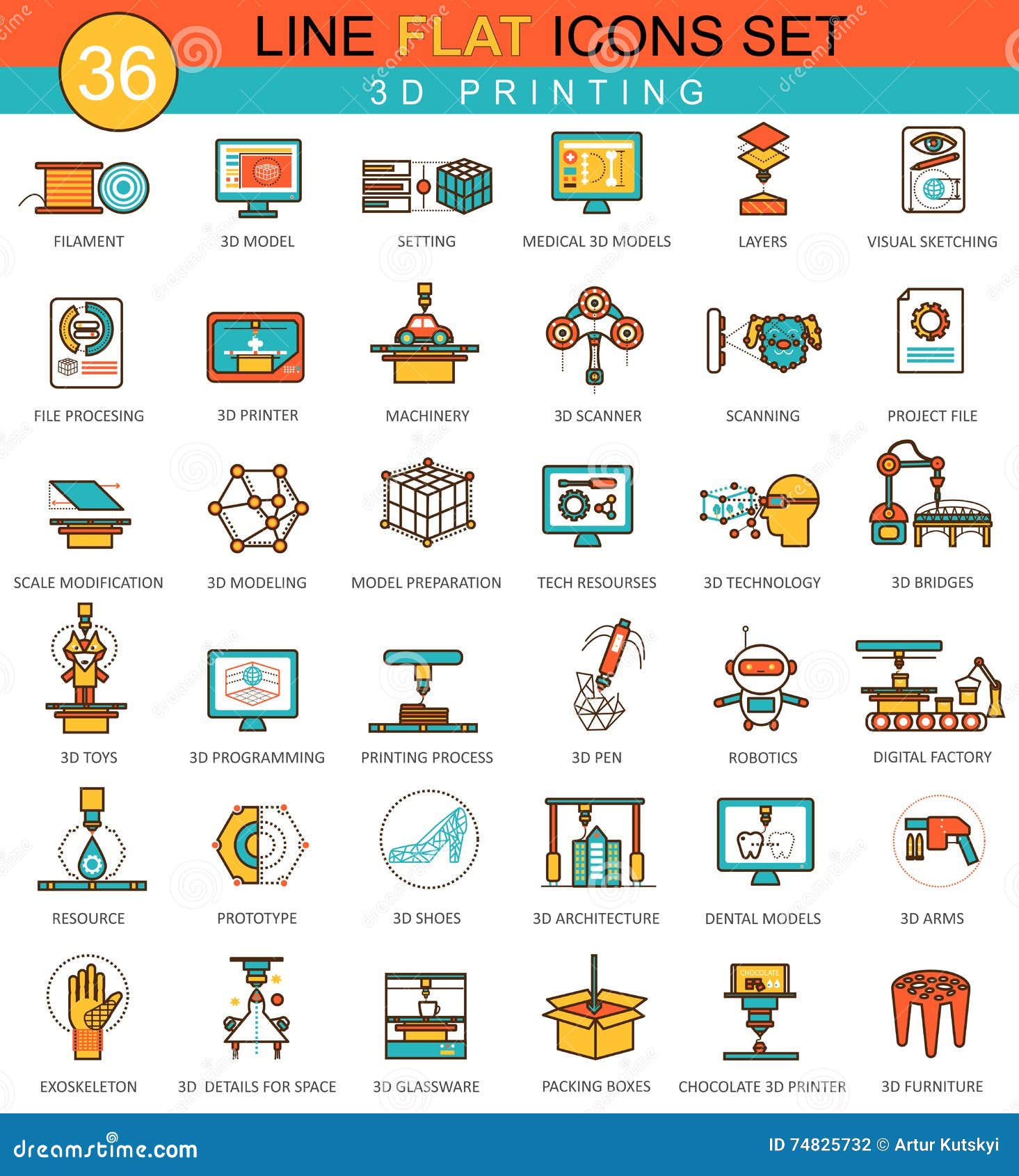 Vector 3D Printing Modeling Flat Line Icon Set. Modern Elegant Style ...