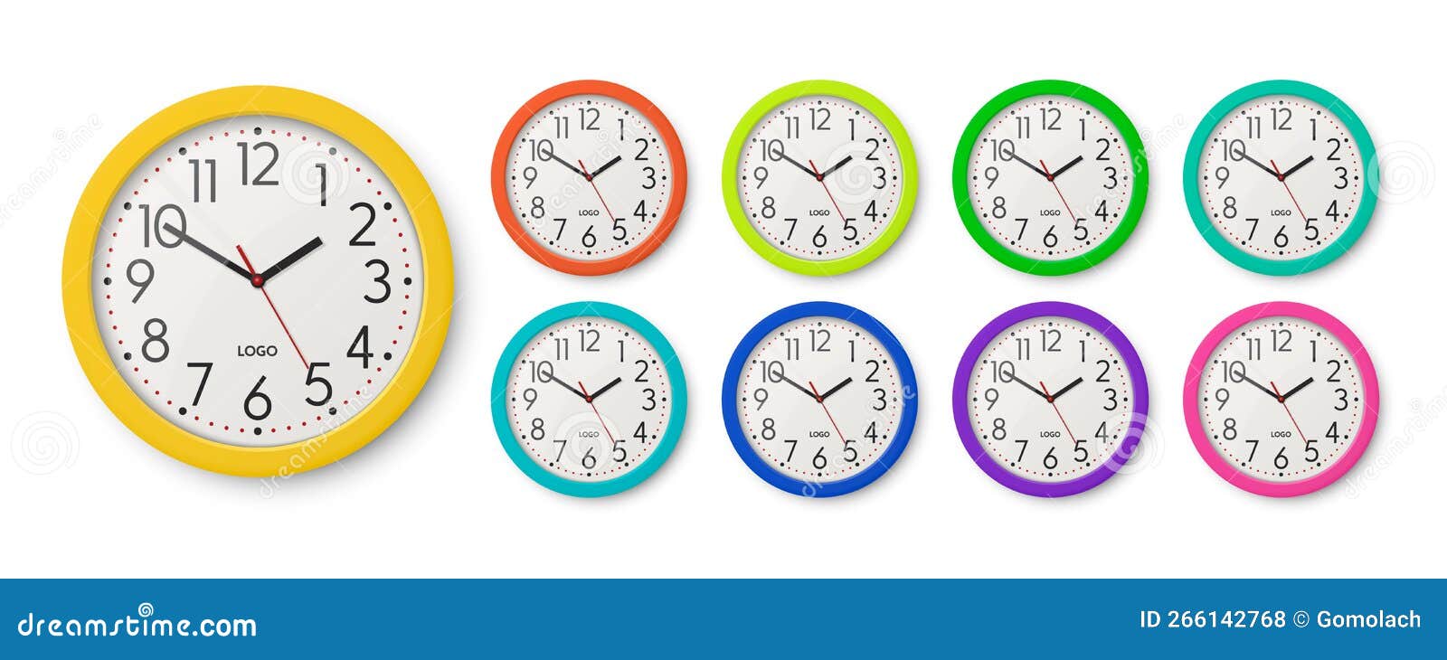 Vector 3d Realistic Different Colors Round Wall Office Clock Set ...