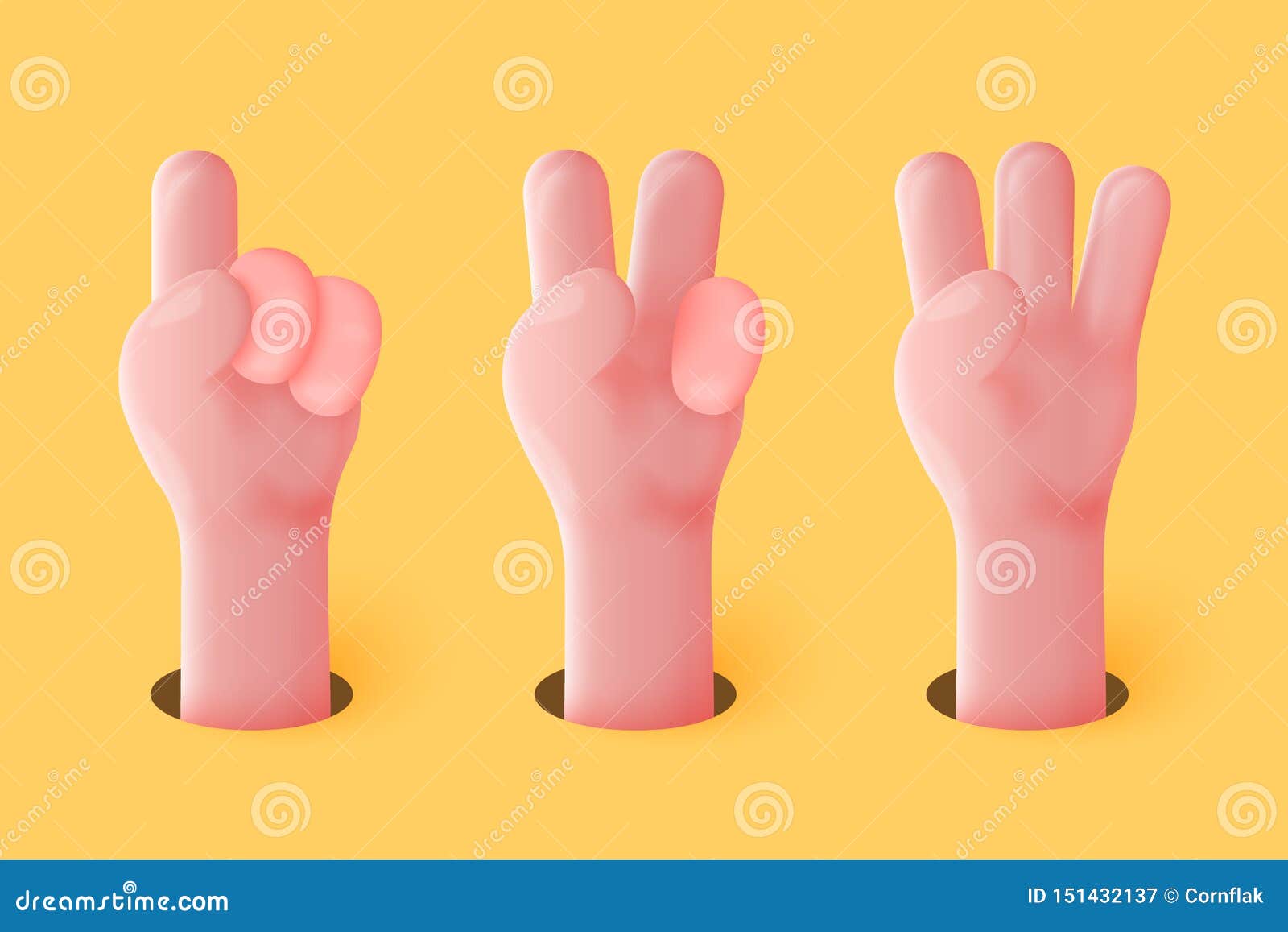 Vector 3d Realistic Funny Cartoon Hands, Showing Gestures - One, Two ...