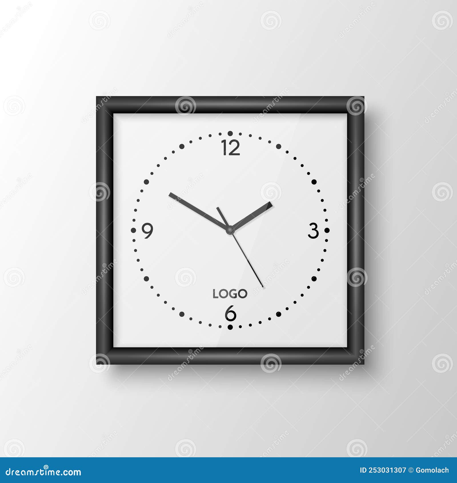 Vector 3d Realistic Square Wall Office Clock with Black Frame, Design ...