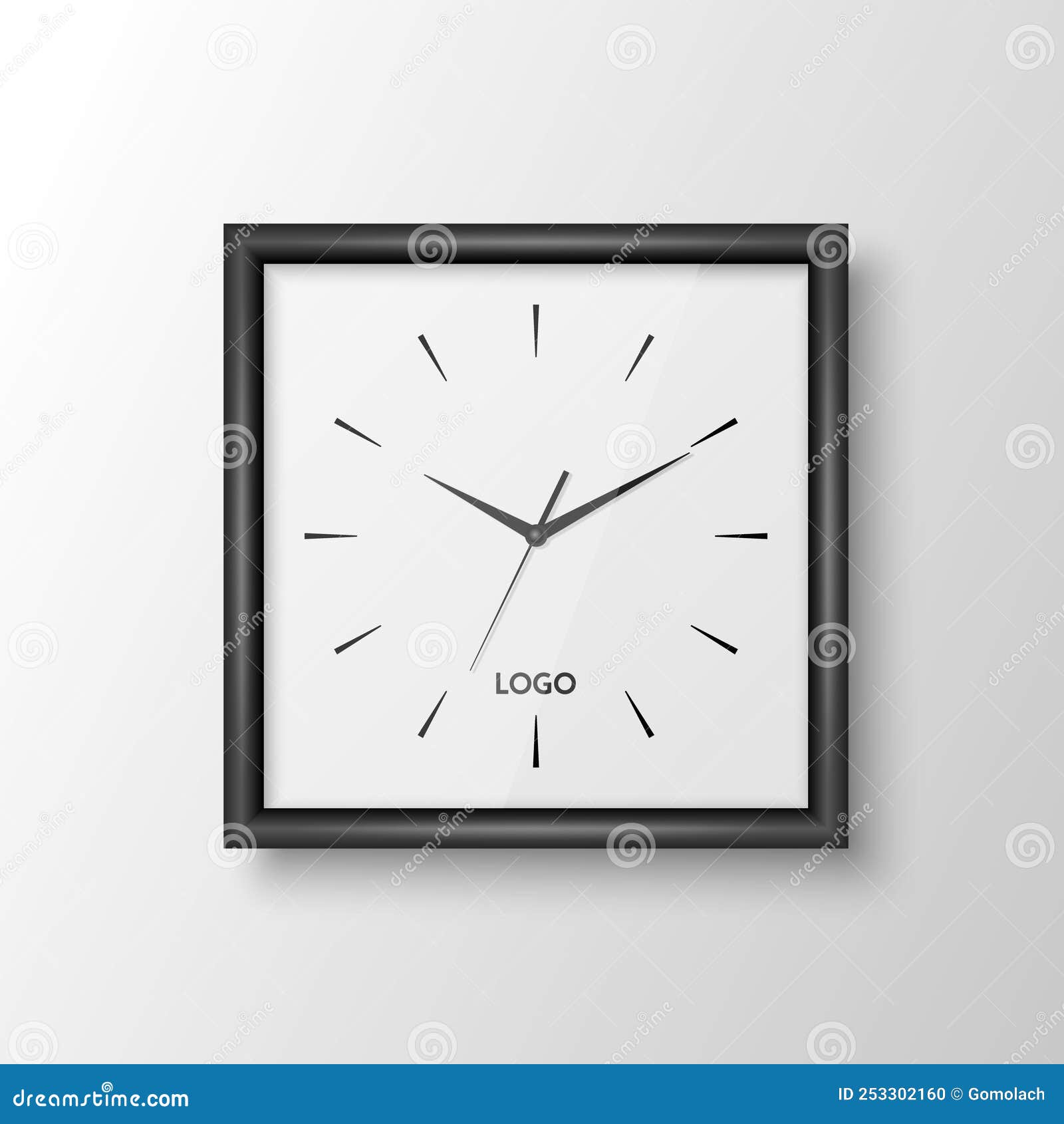 Vector 3d Realistic Square Wall Office Clock with Black Frame, Design ...
