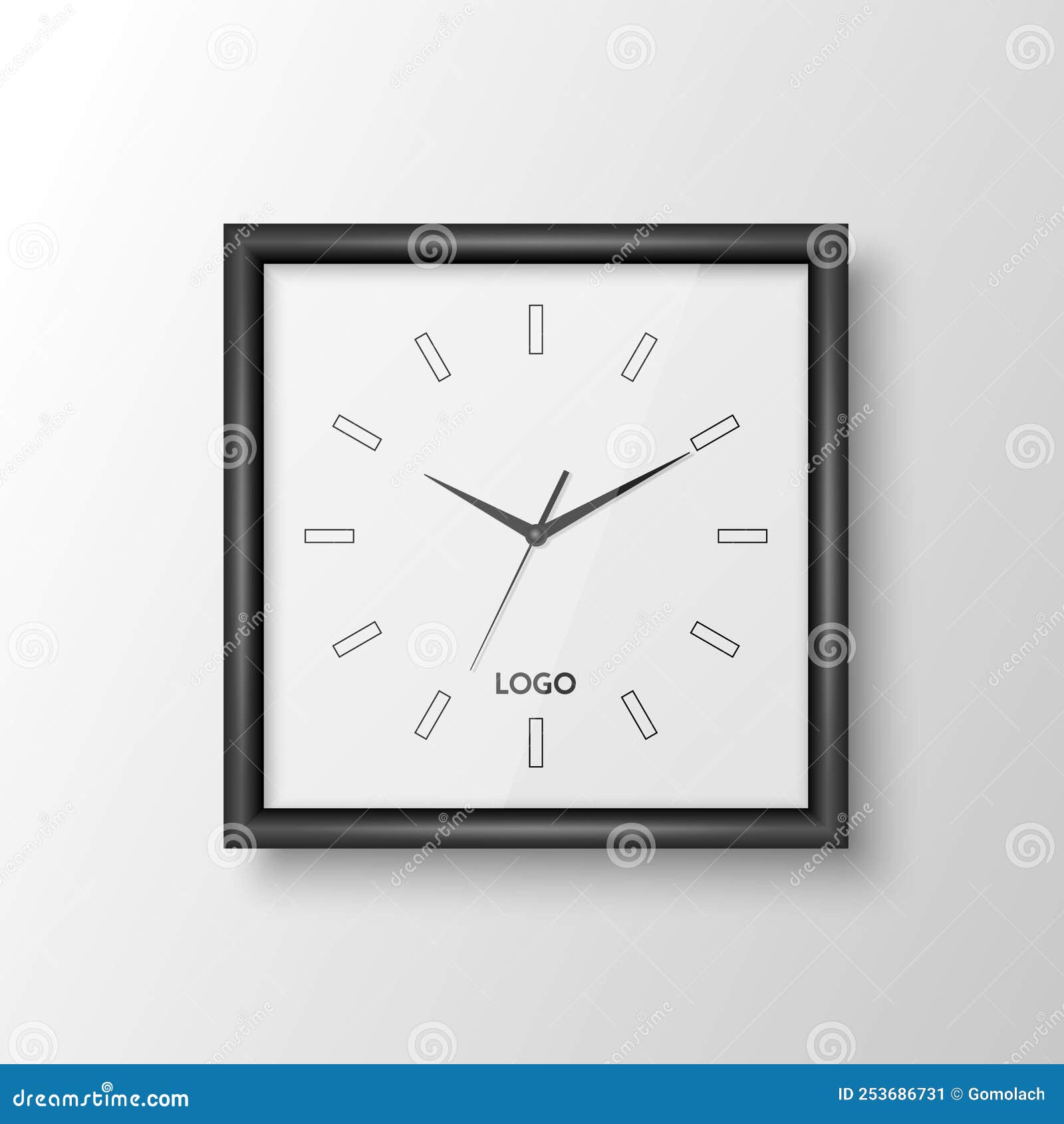 Vector 3d Realistic Square Wall Office Clock with Black Frame, Design ...