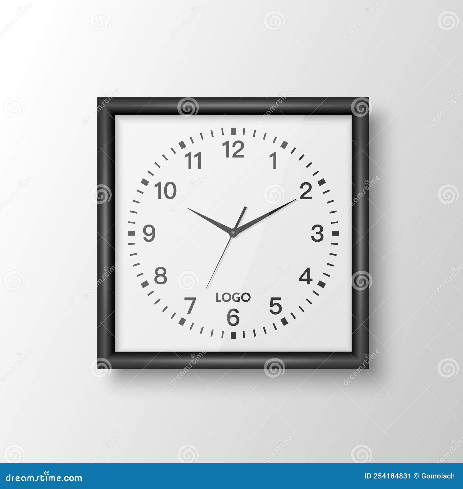 Vector 3d Realistic Square Wall Office Clock with Black Frame, Design ...