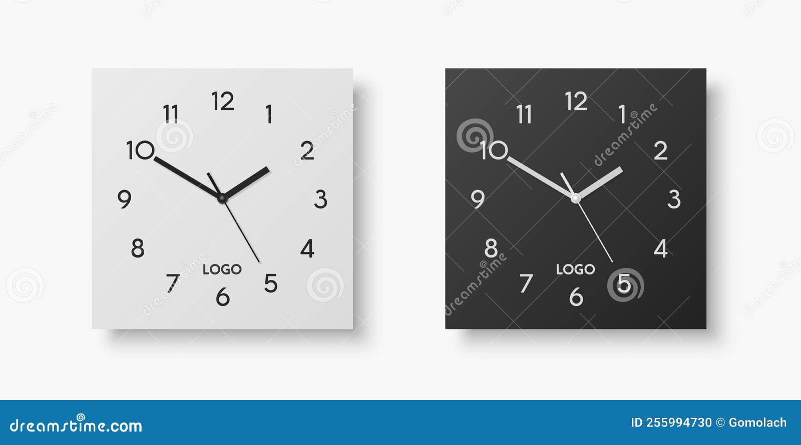 Vector 3d Realistic White, Black Square Wall Office Clock Set, Design Template Isolated on White ...