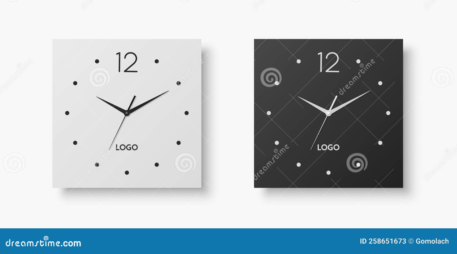 Vector 3d Realistic White, Black Square Wall Office Clock Set, Design Template Isolated on White ...