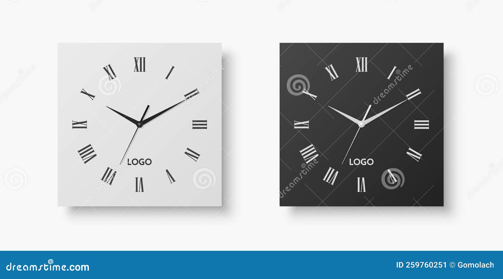 Vector 3d Realistic White, Black Square Wall Office Clock Set, Design Template Isolated on White ...