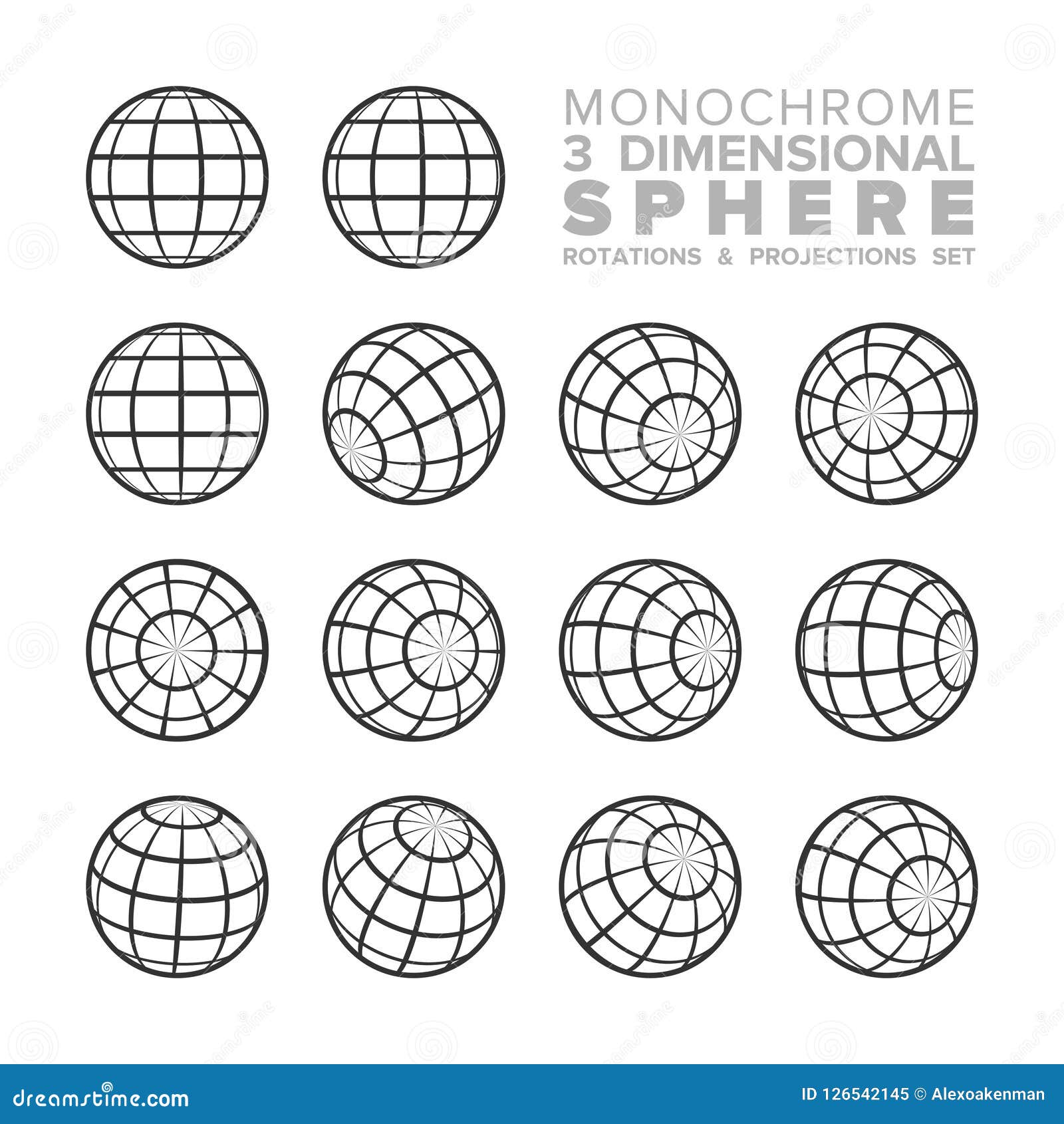Vector 3d Three Dimensional Monochrome Sphere Rotations and Projections ...