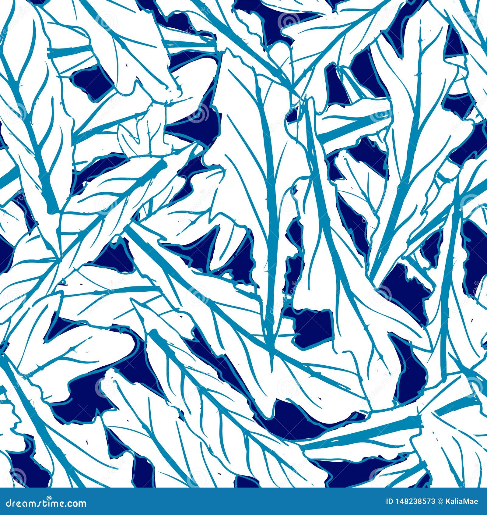 Vector Dandelion Leaves Seamless Pattern. White and Blue Foliage ...