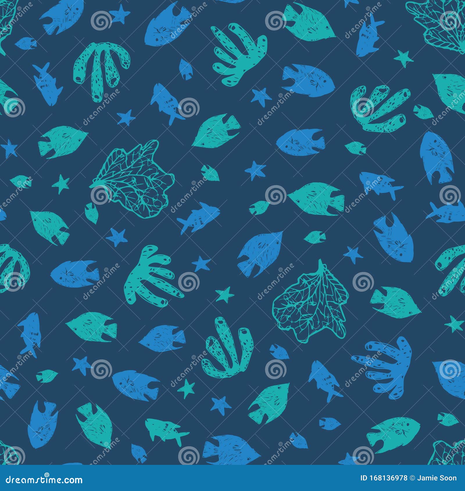 Vector Dark Blue Coral Reef Fish Pen Sketch Repeat Pattern. Perfect for ...