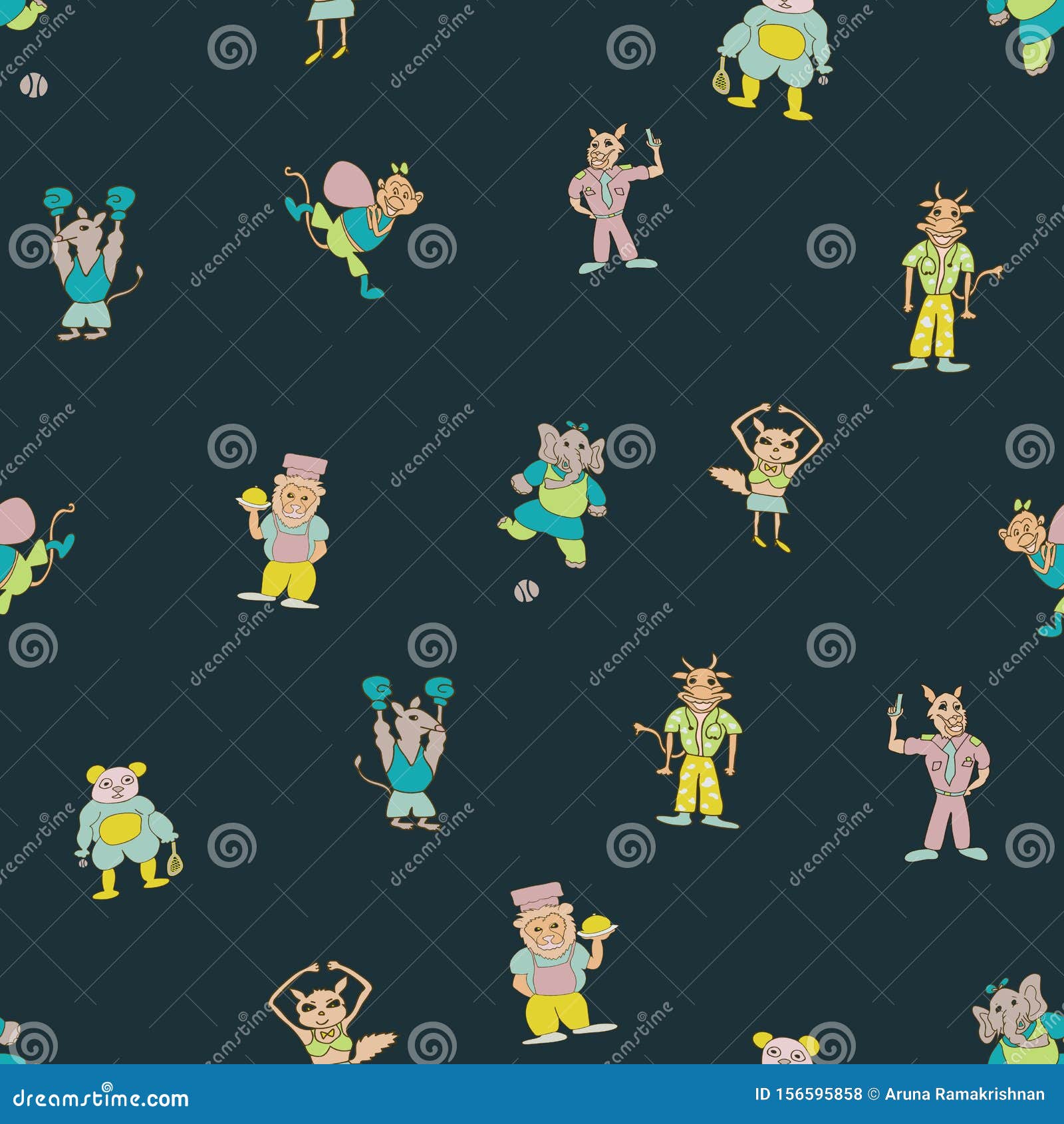 Vector Dark Blue Fun Anthromorph Cartoon Characters Seamless Pattern ...