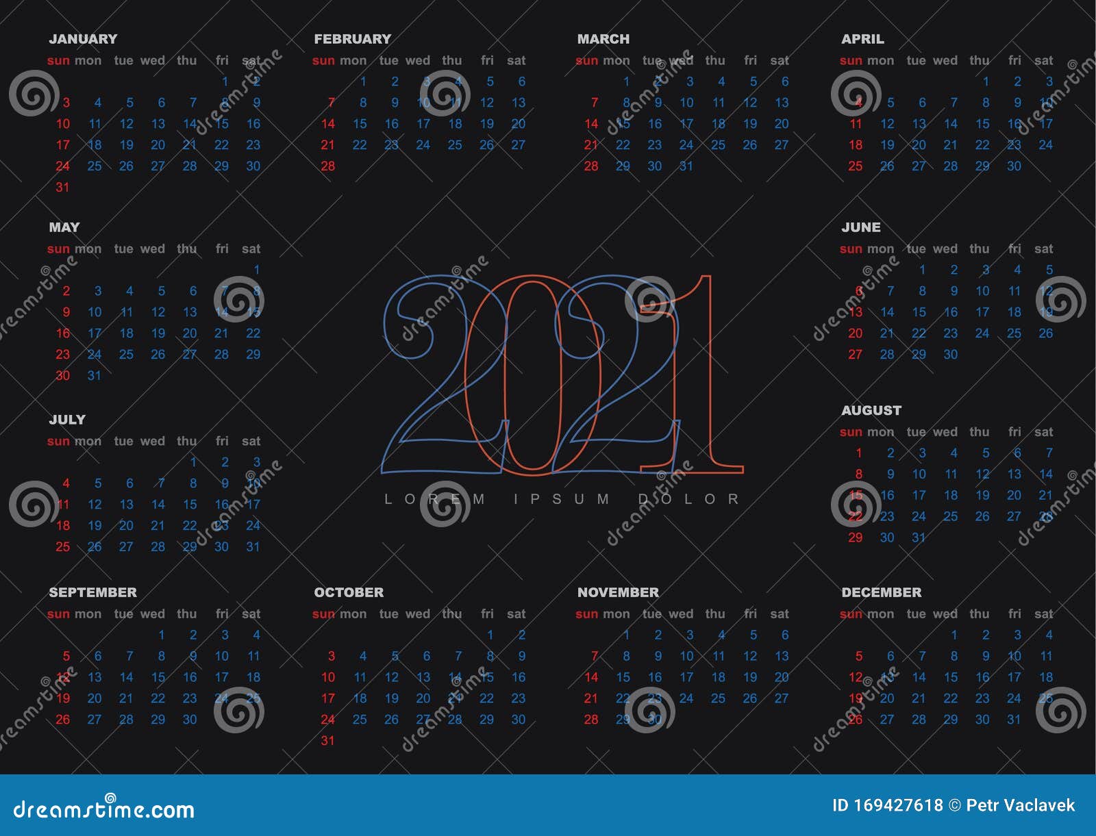 Dark Calendar Template for the Year 2021 Stock Vector - Illustration of ...