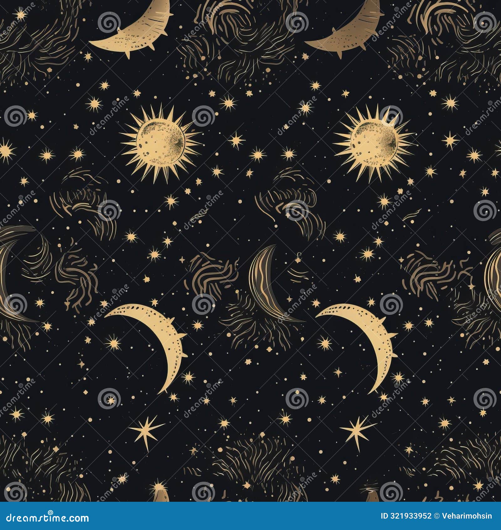 Vector Dark Magic Seamless Pattern with Moon and Stars. Mystical ...