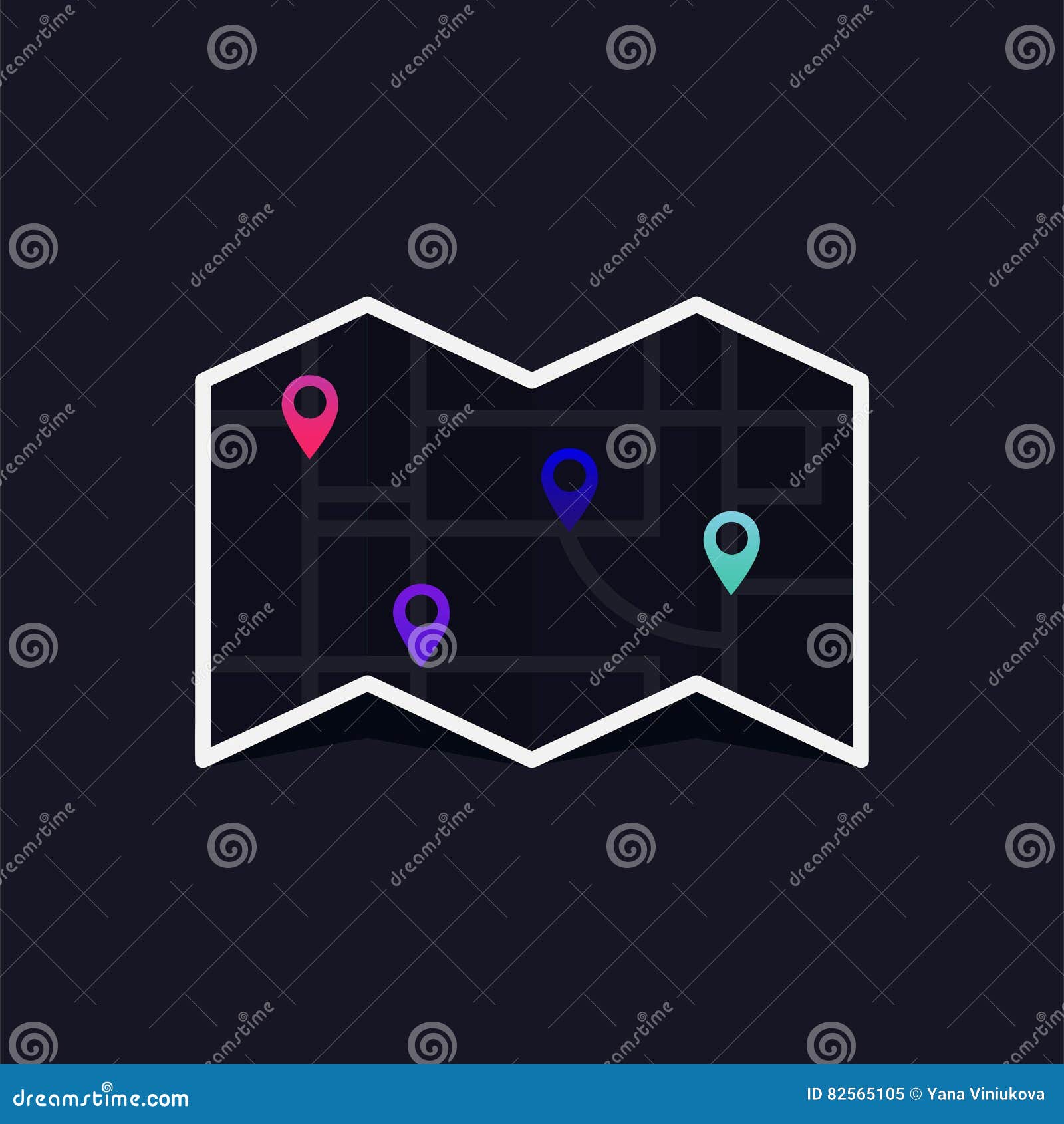 Vector Dark Map Icon with Pin Pointers. Flat Style Stock Illustration ...