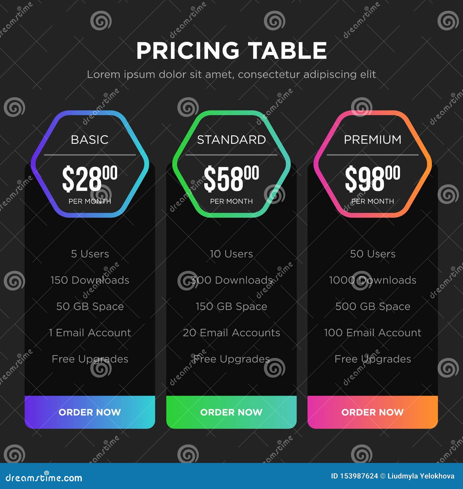 Vector Dark Pricing Boxes, Plans, Tariffs, Tables for Web Design Stock ...