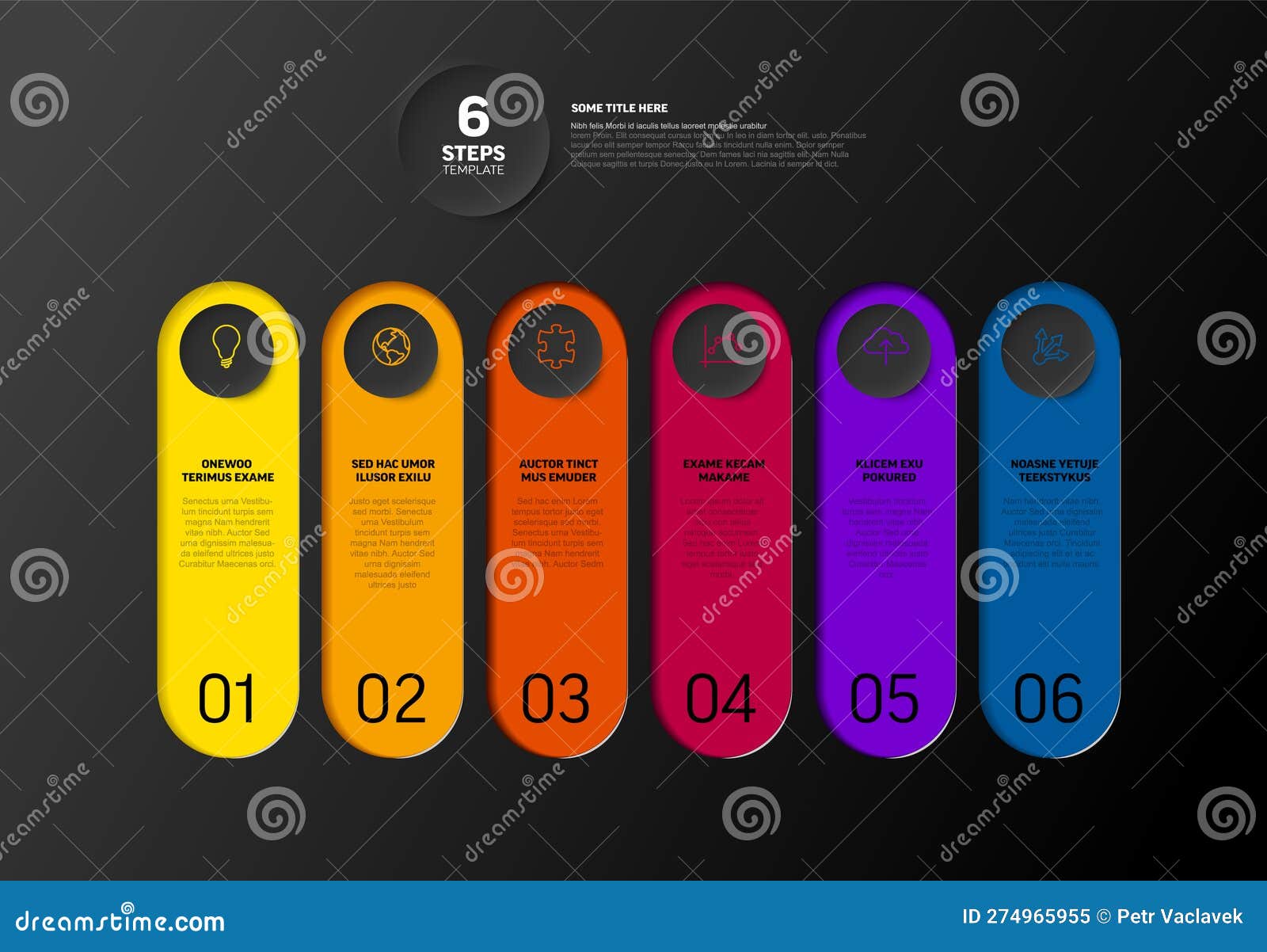 Vector Dark Progress Infographic with Six Color Steps and Icons Stock ...