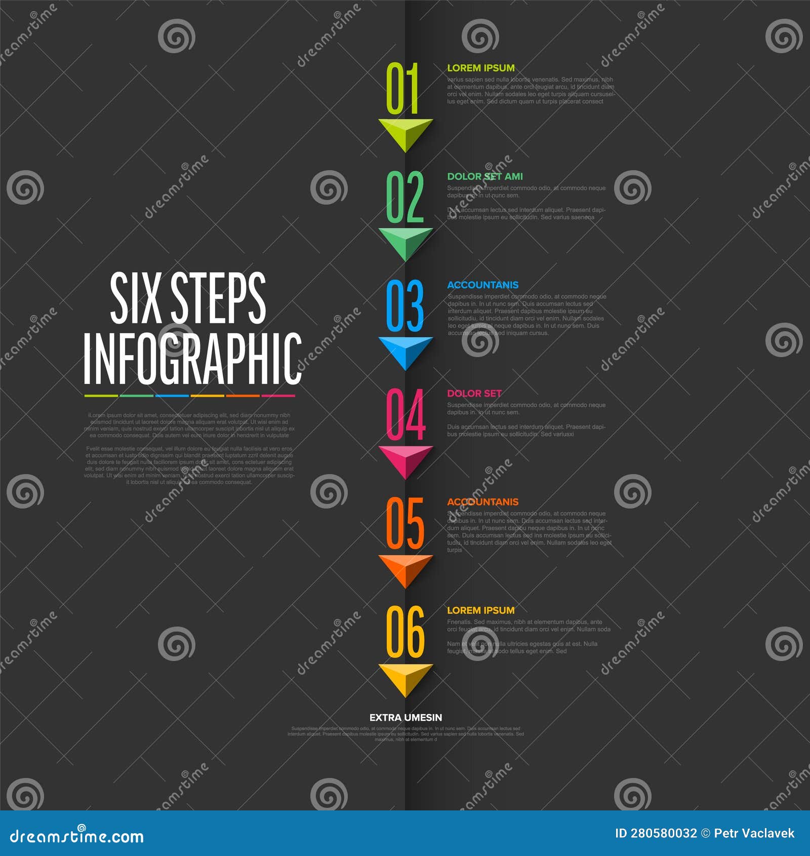 Vector Dark Six Steps Vertical Progress Template with Big Arrows and ...