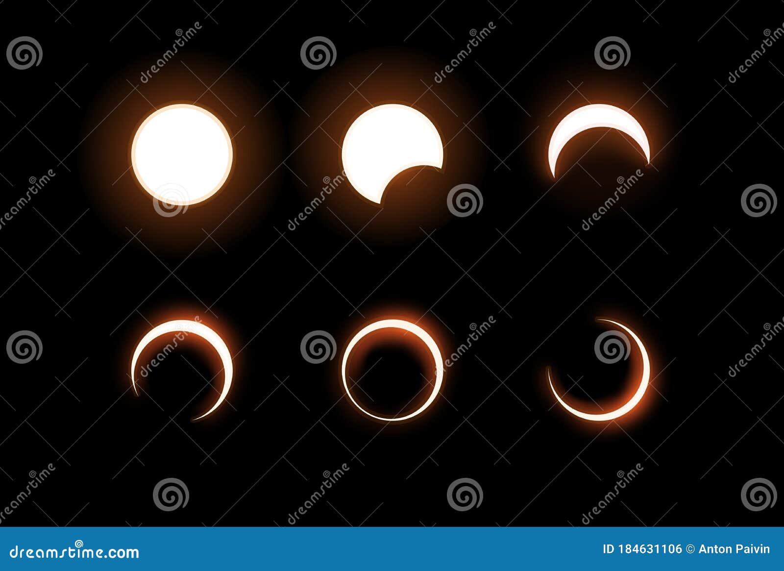 Vector Dark Total and Partial Solar Eclipse, Several Phases. Black Background - Isolated ...