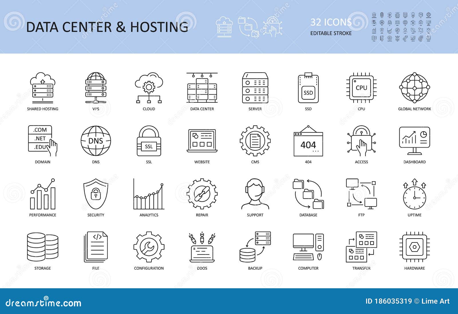 Vector Data Center And Hosting Icons Editable Stroke Server Shared Hosting Domain Vps Ssd Ssl