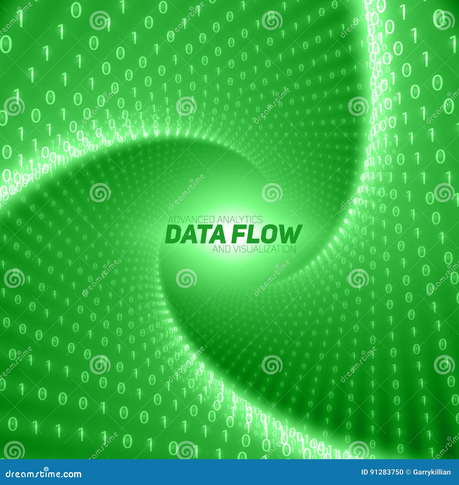 Vector Data Flow Visualization. Green Flow Of Big Data As Binary Numbers Strings Twisted In ...