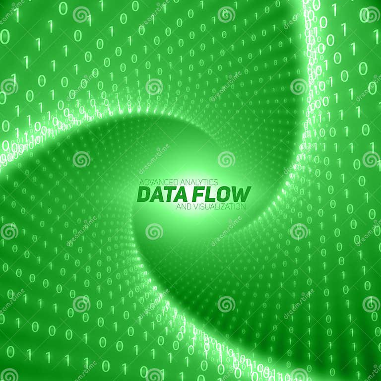 Vector Data Flow Visualization. Green Flow of Big Data As Binary Numbers Strings Twisted in ...