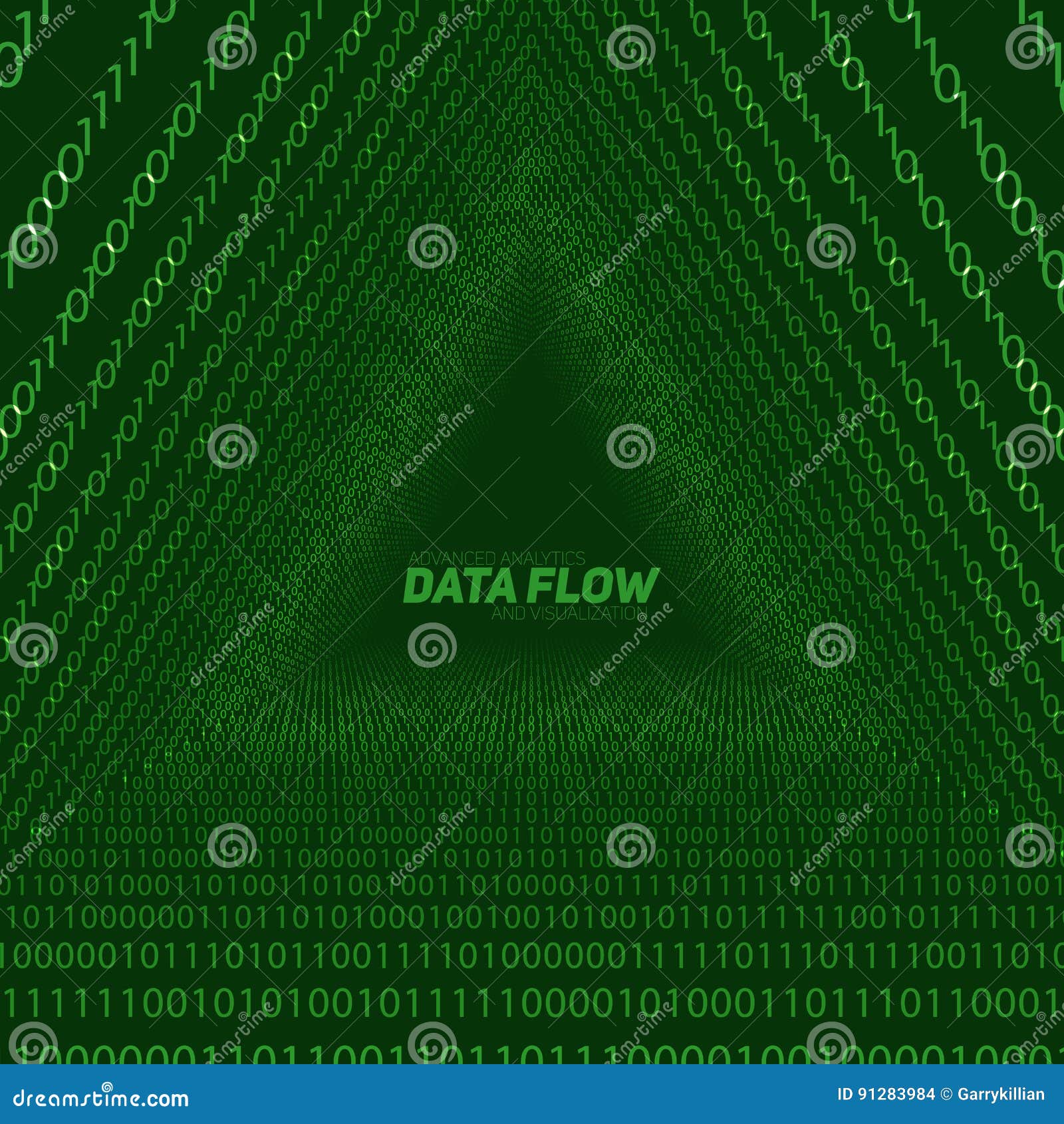Vector Data Flow Visualization Triangle Tunnel Of Green Big Data Flow As Binary Numbers Strings