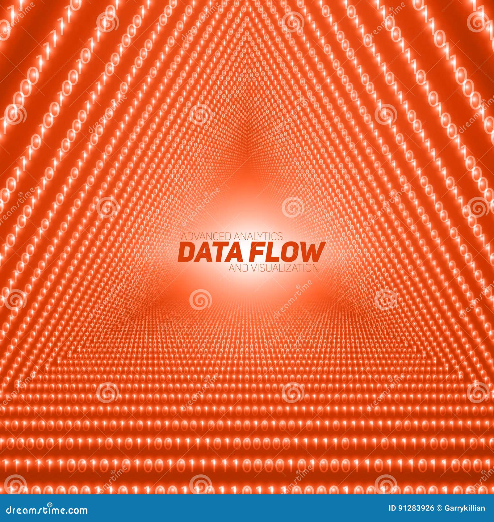 Vector Data Flow Visualization. Triangle Tunnel of Red Big Data Flow As Binary Numbers Strings ...