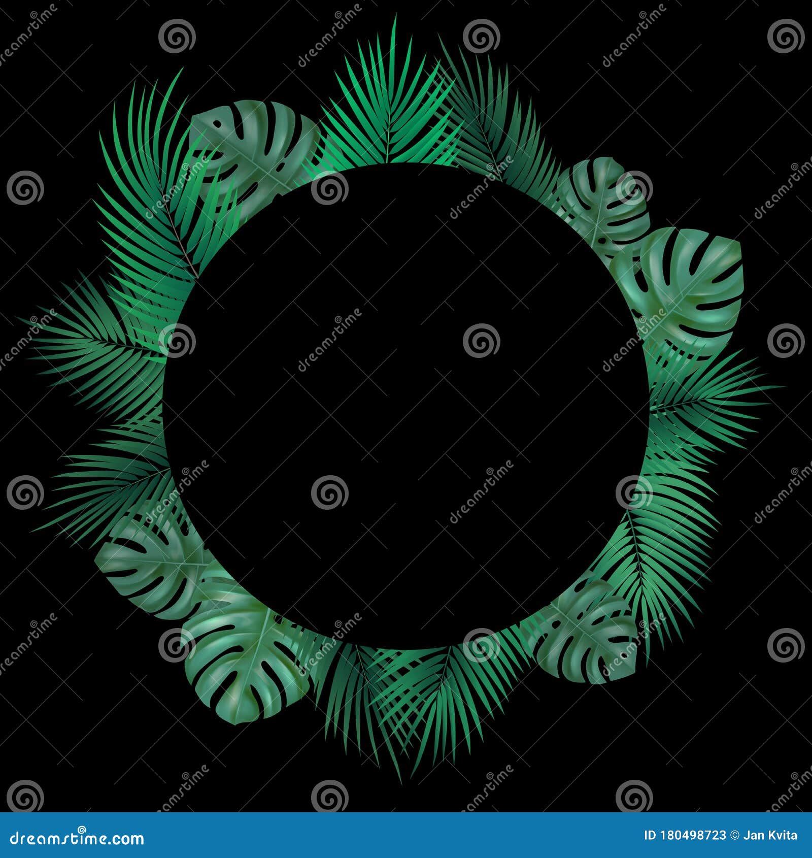 Vector Decorative Round Frame with Realistic Monstera and Palm Leaves ...