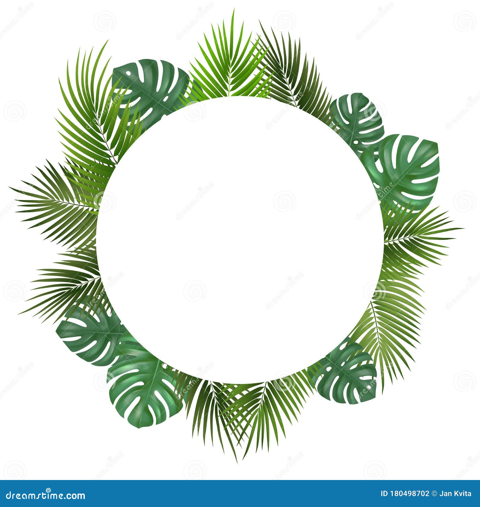 Vector Decorative Round Frame with Realistic Monstera and Palm Leaves ...