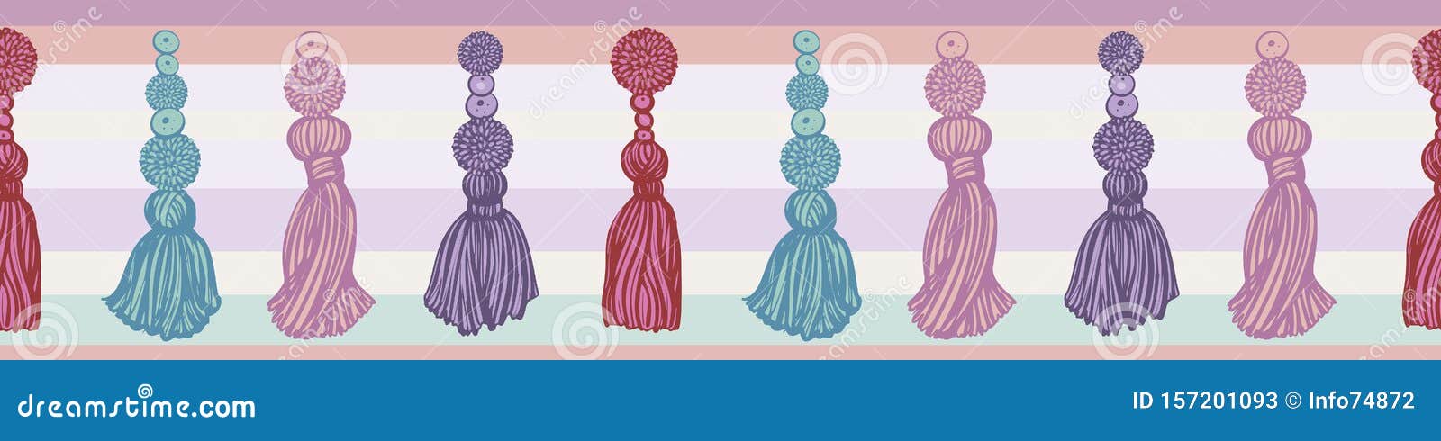 Vector Decorative Tassels, Pearls and Ropes. Horizontal Seamless Repeat ...