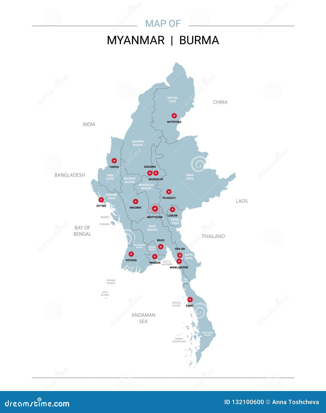 Vector Del Mapa De Myanmar Birmania Con El Perno Rojo Ilustración del ...