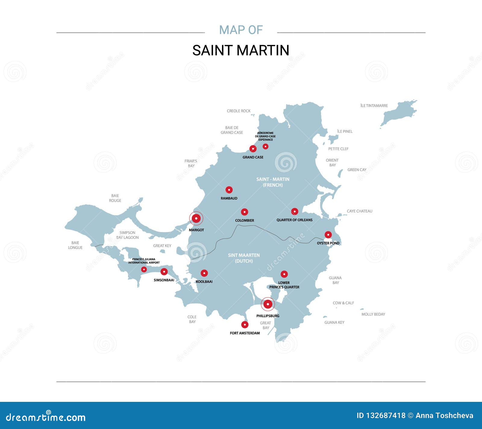 Vector Del Mapa De Saint Martin Con El Perno Rojo Ilustración del ...
