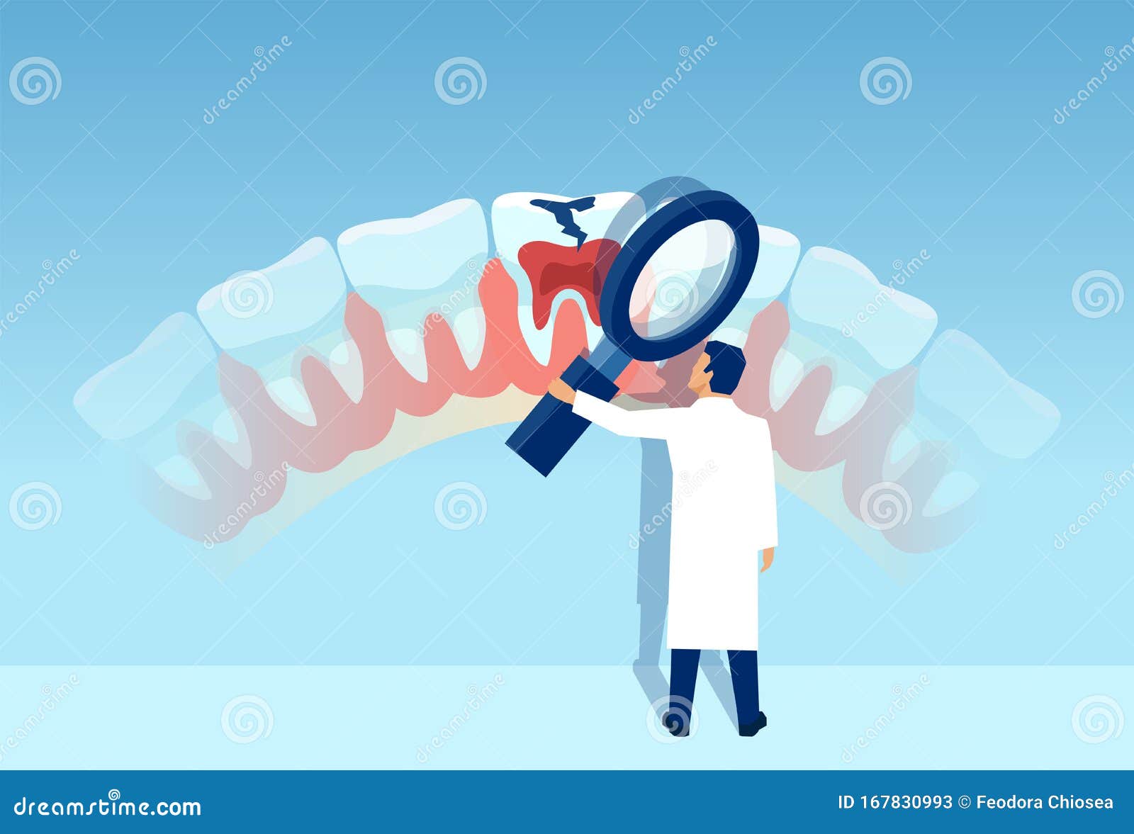 Dentist With A Magnifying Glass Shows A Tooth Decay Cartoon Vector ...