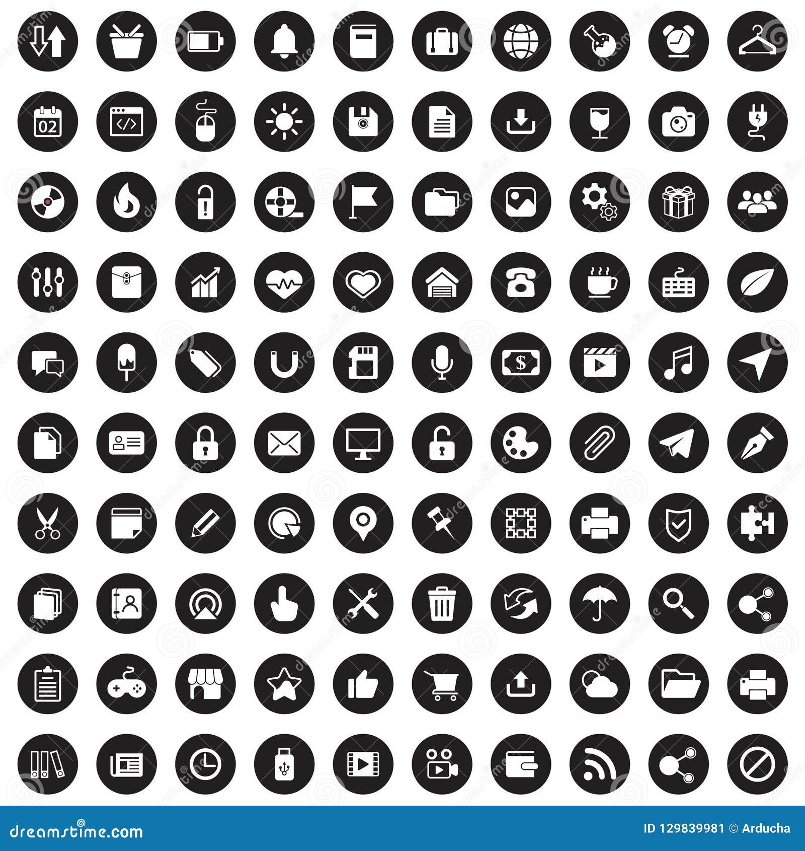 100 Black and White Flat Icon Button Stock Vector - Illustration of ...