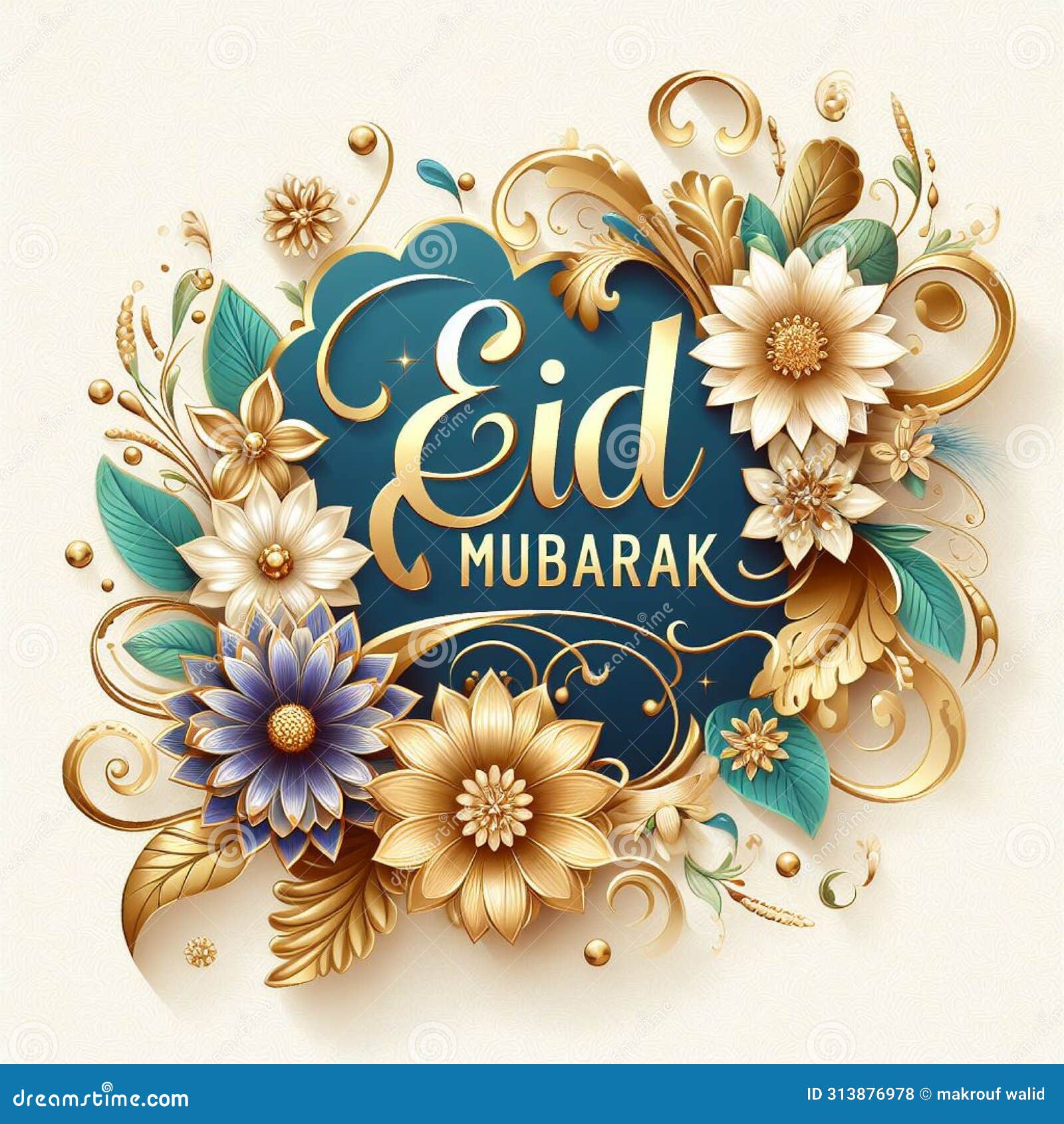 Vector Design, Decorations and Flowers, Copie Space, Lettering on Gold "Eid Mubarak". Eid ...