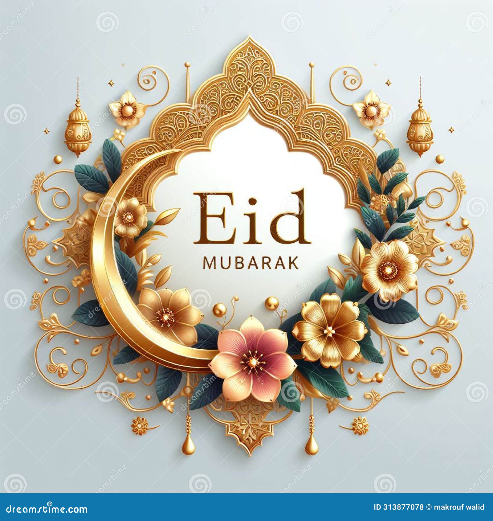 Vector Design, Decorations and Flowers, Copie Space, Lettering on Gold "Eid Mubarak". Eid ...