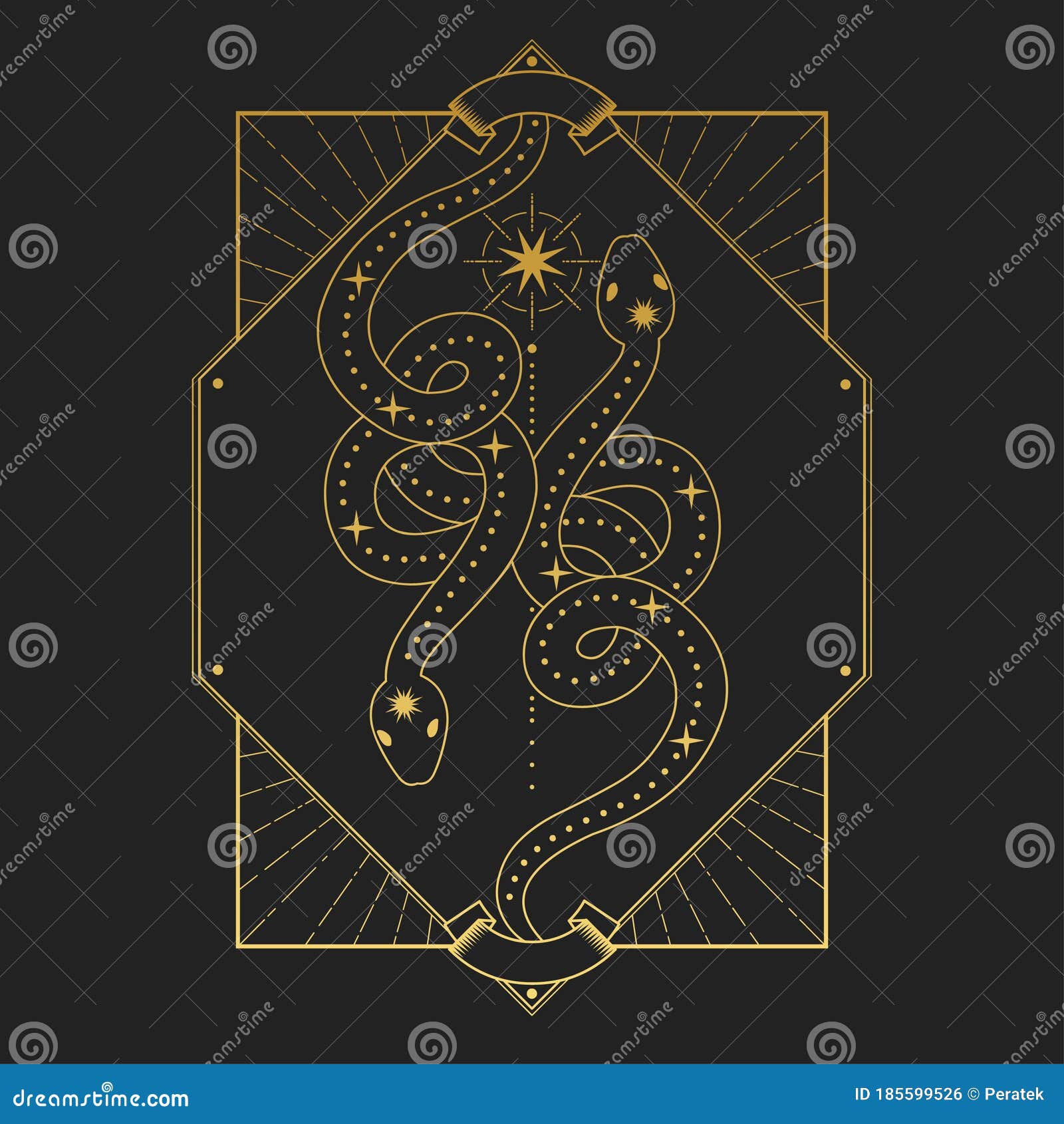 Rectangular Frame with Stars and Two Snakes in Retro Style on a Black ...