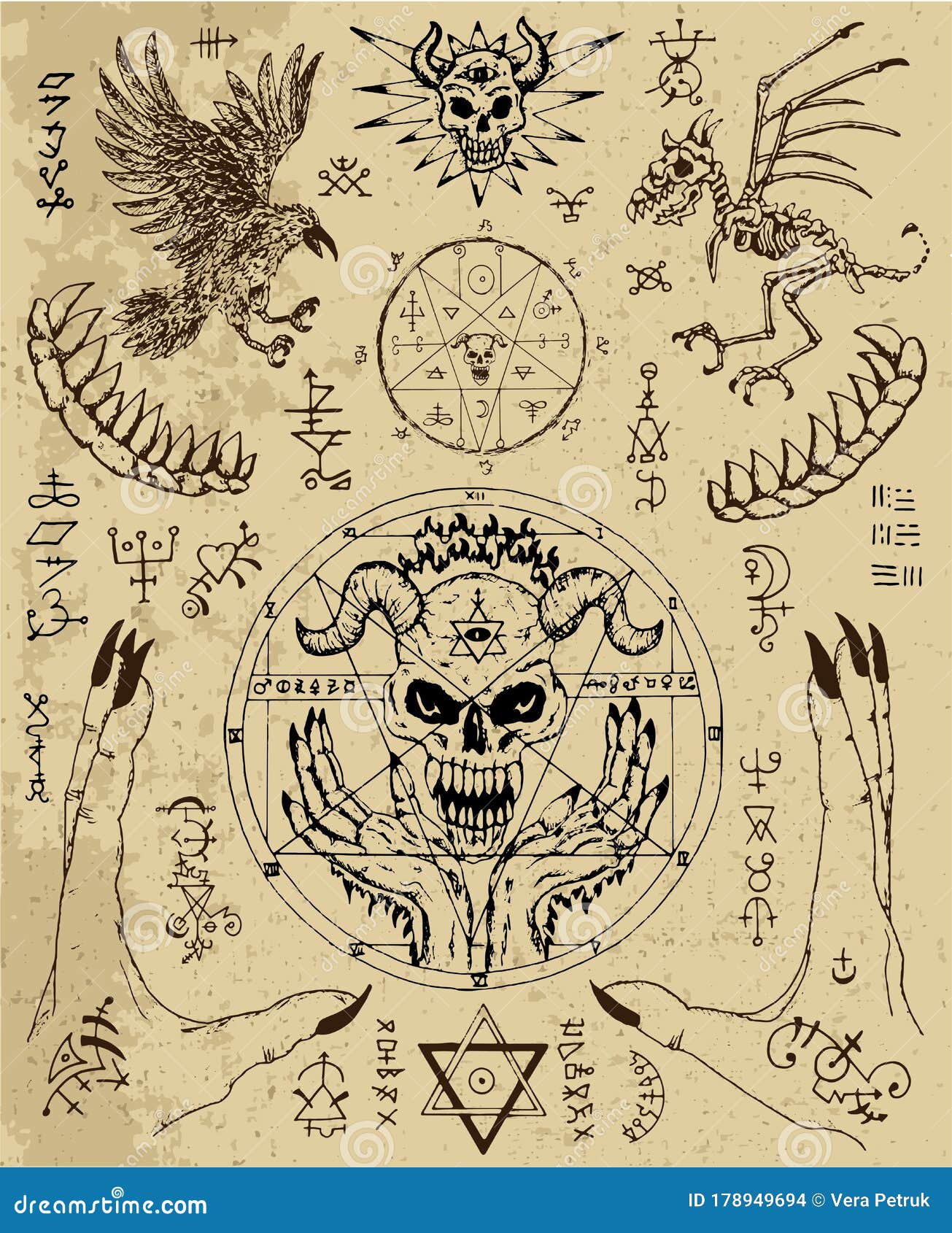 Vector Design Set with Magic Seals, Demon Face, Hands, Crow and ...