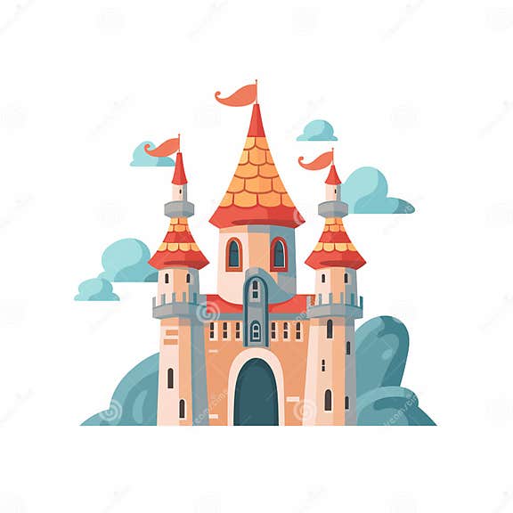 Vector Design of a Whimsical Castle with Towers and Flags Surrounded by ...