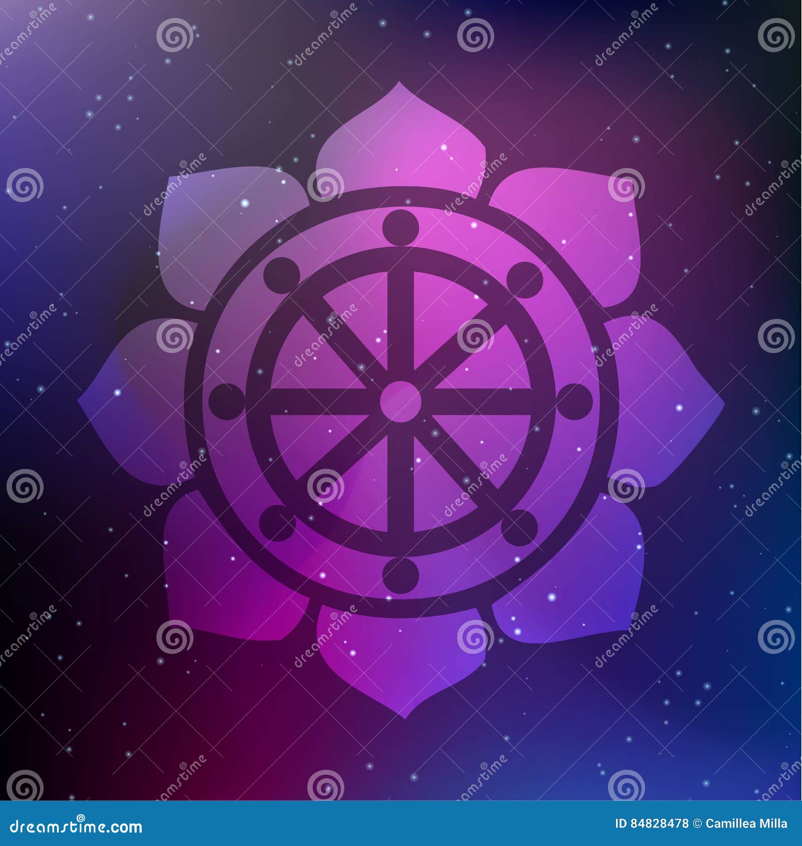 Vector Dharma Wheel in Lotus Flower on a Cosmic Background Stock Vector ...