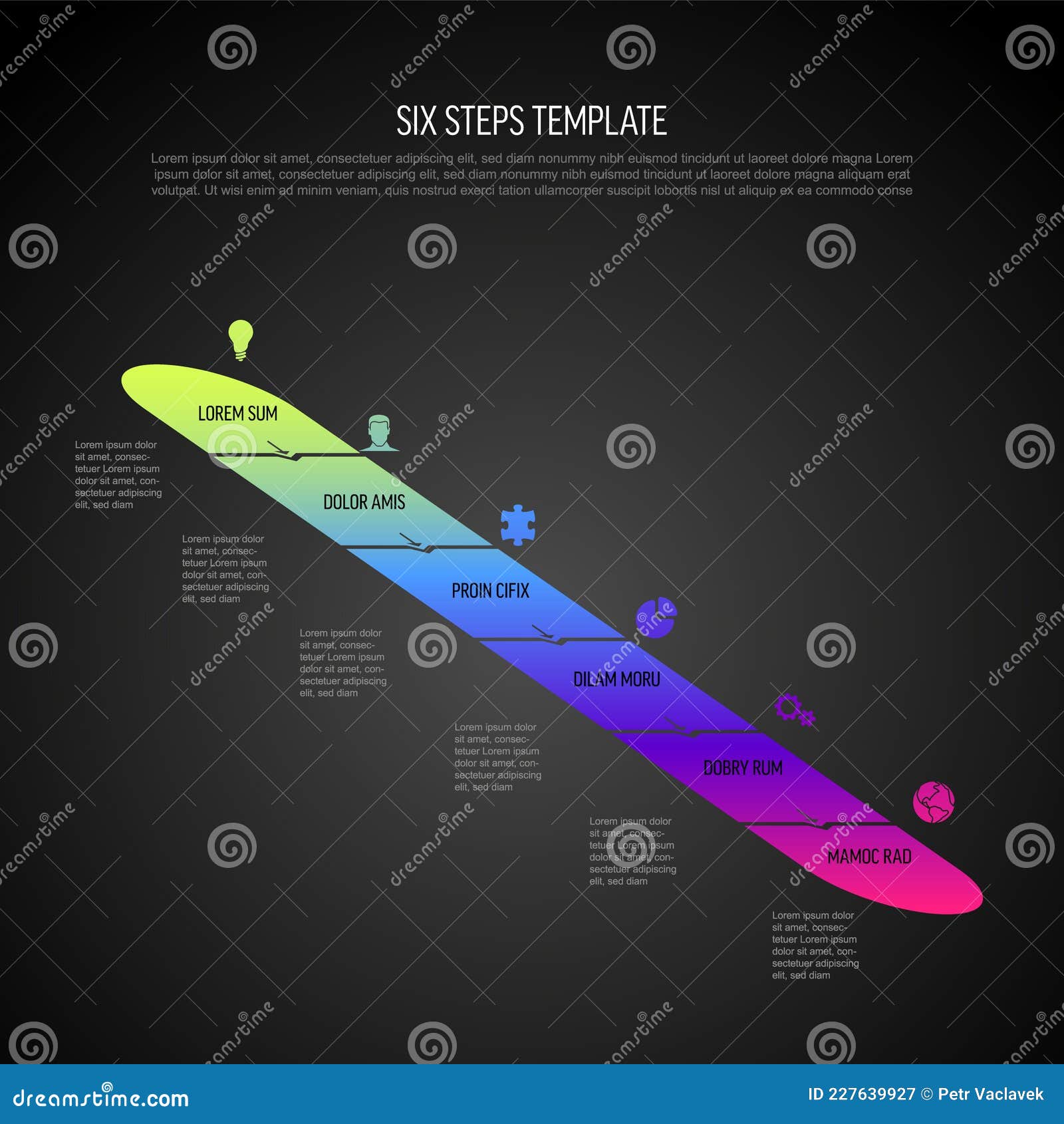 Vector Diagonal Color Progress Six Steps Template on Dark Background ... Vector Diagonal Color Progress Six Steps Template on Dark Background ...