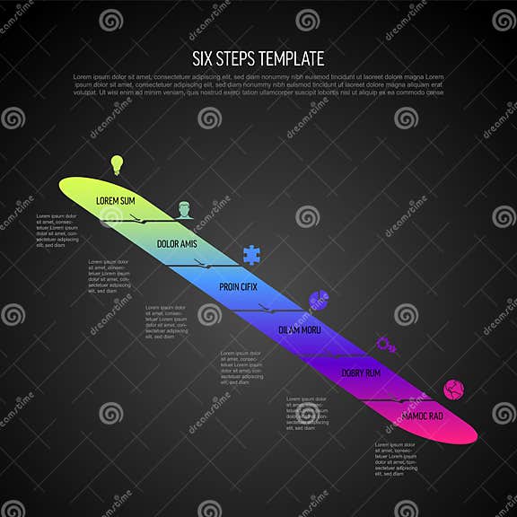 Vector Diagonal Color Progress Six Steps Template on Dark Background ...