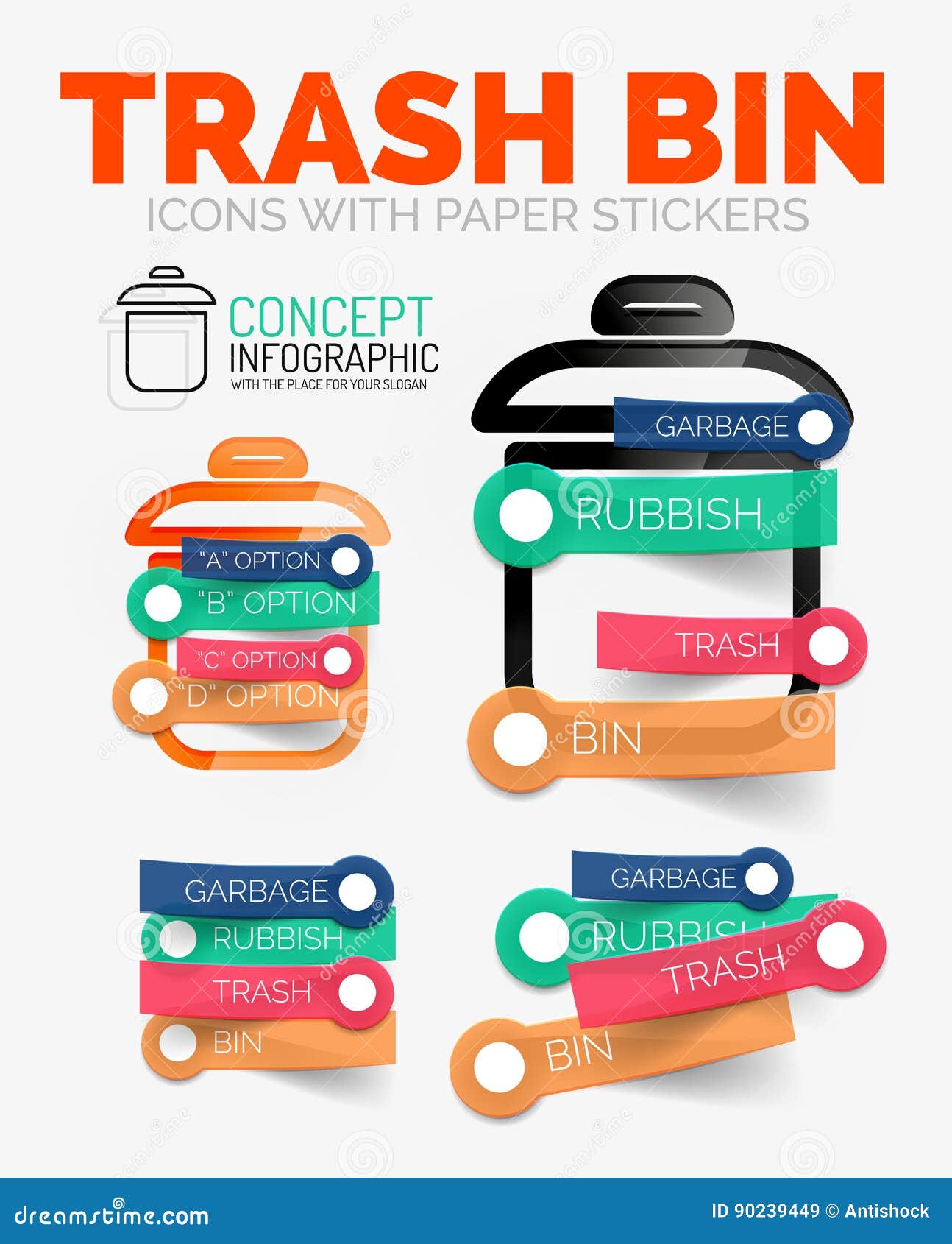 Vector Diagram Elements Set of Trash or Garbage Bin Icons with Plastic ...