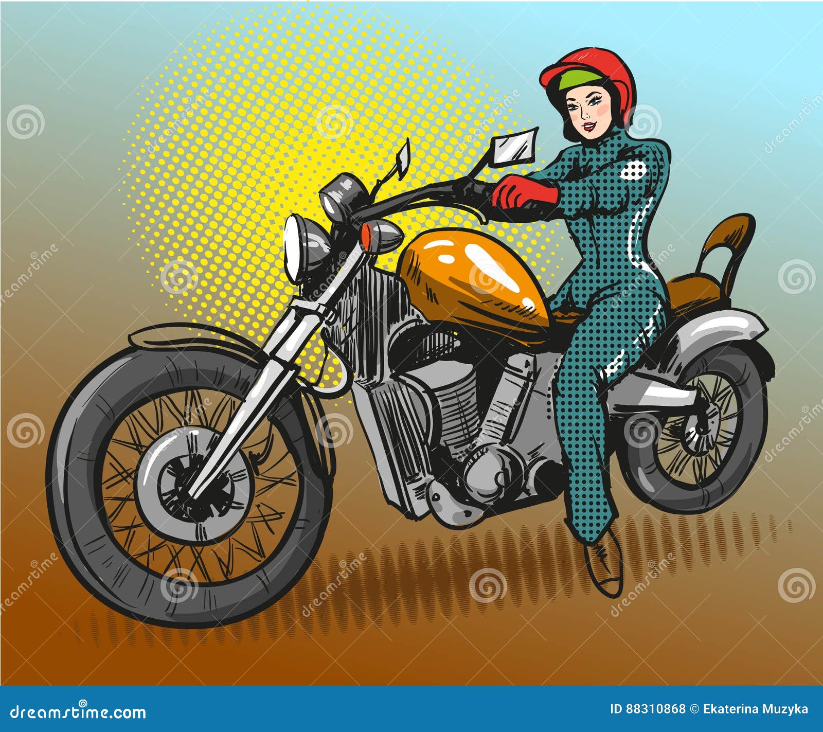 Vector Die Pop-Arten-Illustration Der Frau Sitzend Auf Motorrad Vektor ...