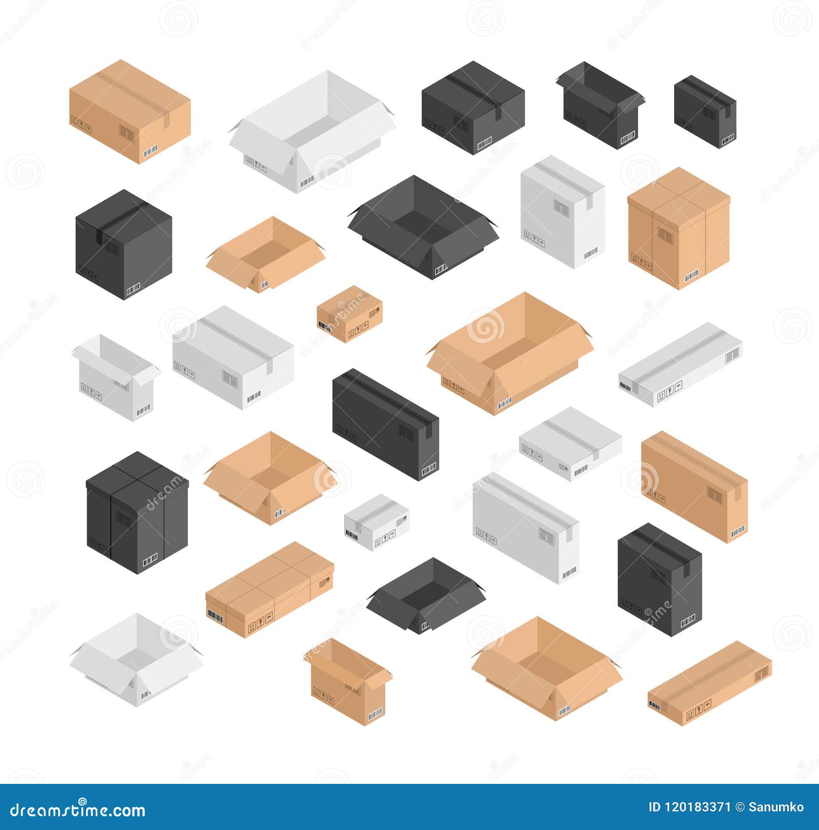 Vector Different Size Isometric Boxes Set. 3d Open and Closed Black ...