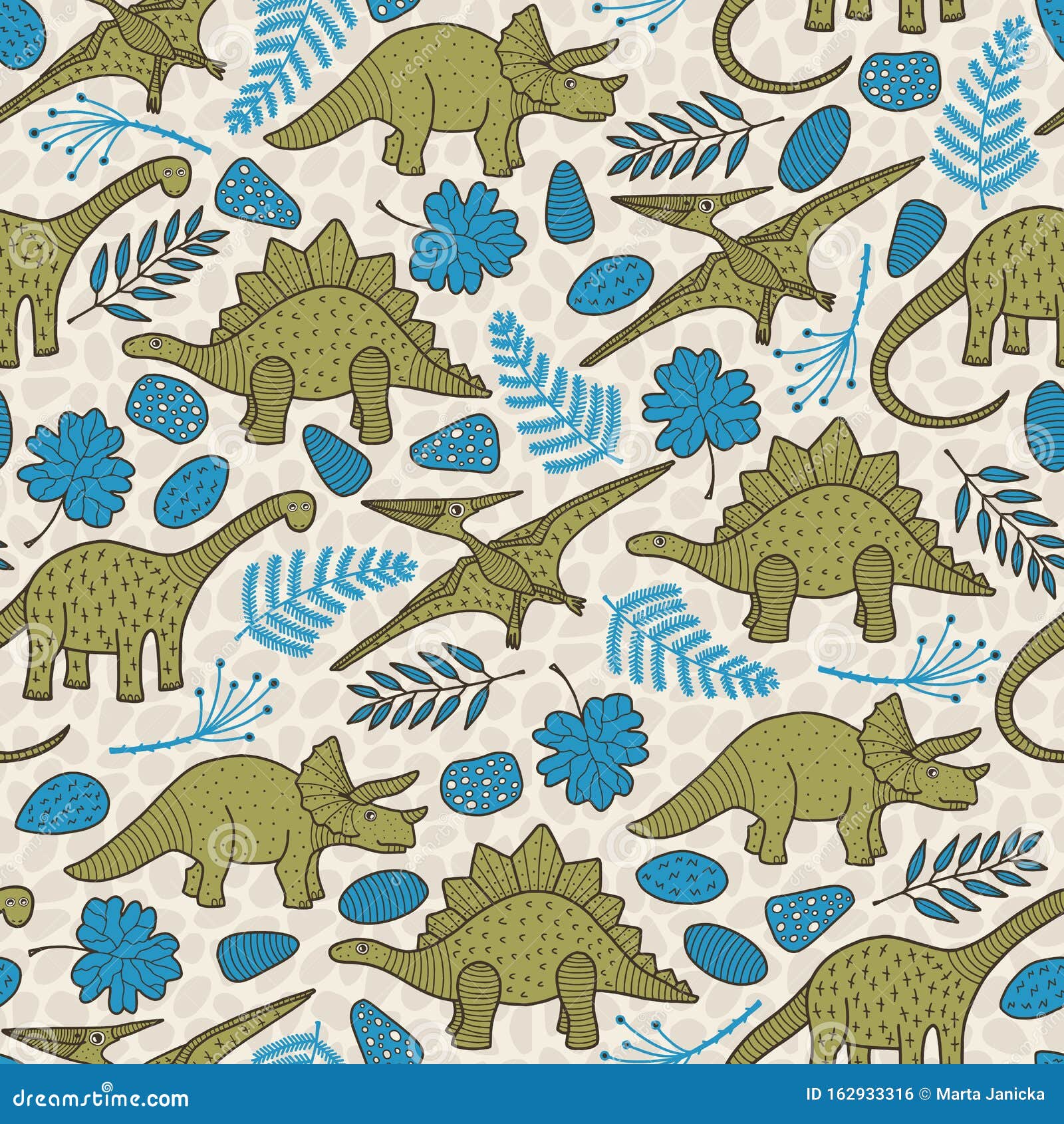 Vector Dino Seamless Pattern in Green and Blue Stock Vector ...